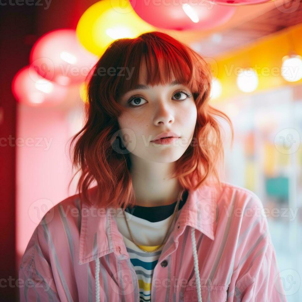 A Young Woman With Red Hair Standing In Front Of Colorful Lights Generative Ai 32111397 Stock