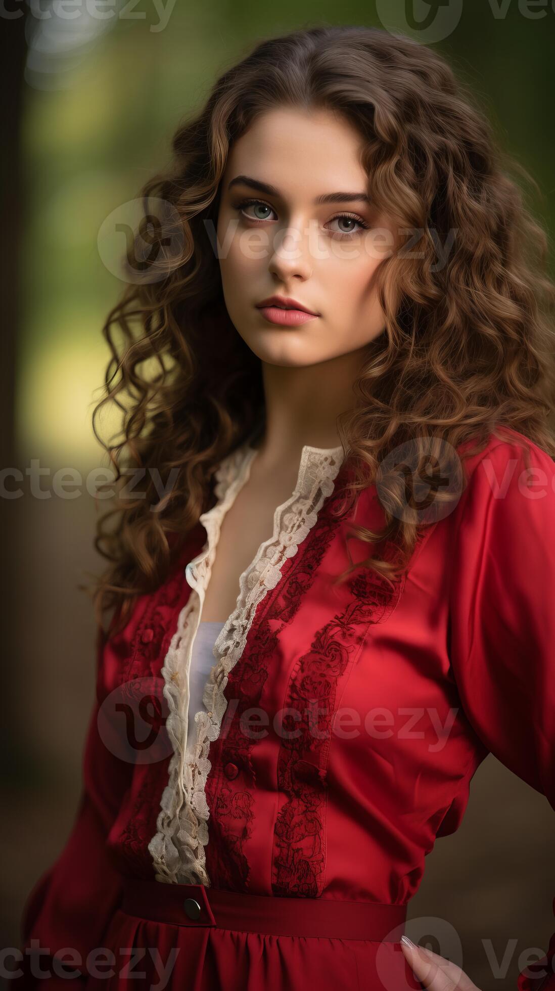 a beautiful young woman with curly hair in a red dress generative ai 32115547 Stock Photo at ...