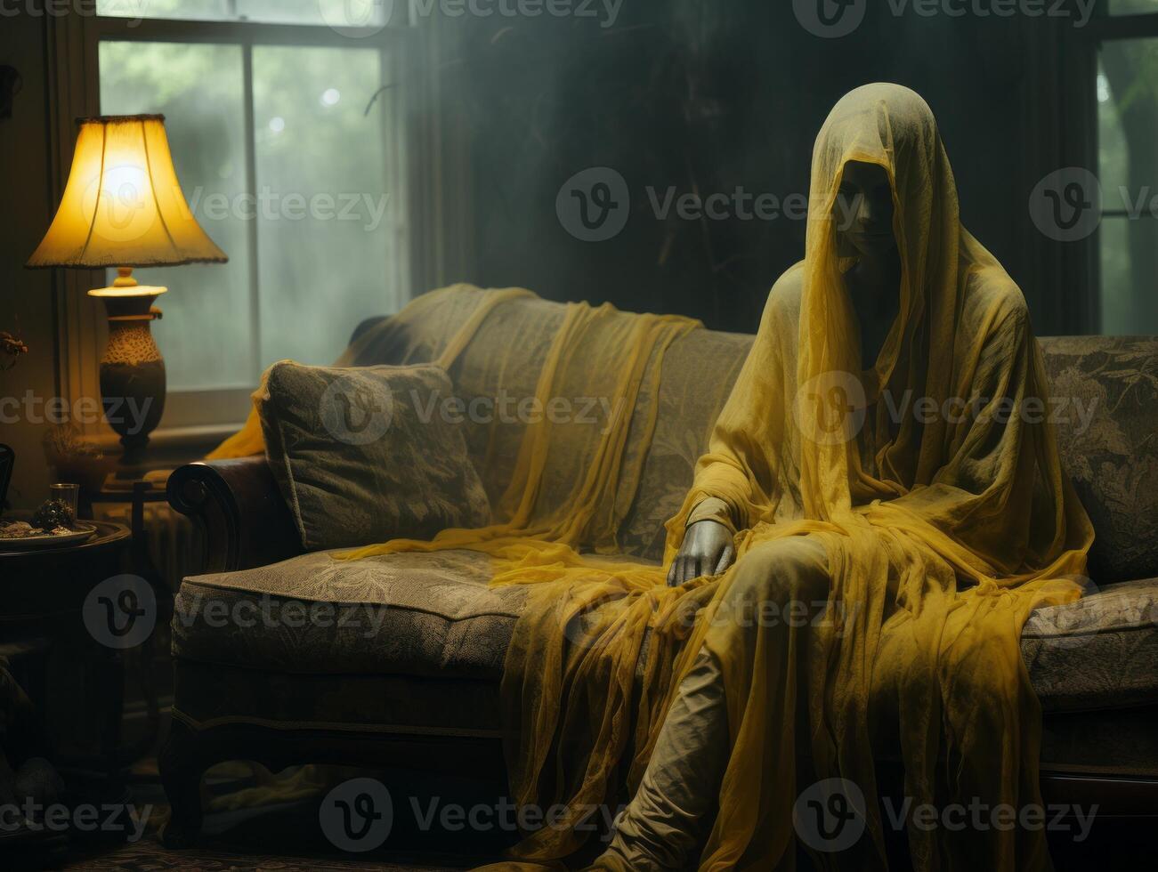 a person in a yellow robe sitting on a couch generative ai 32120571 ...