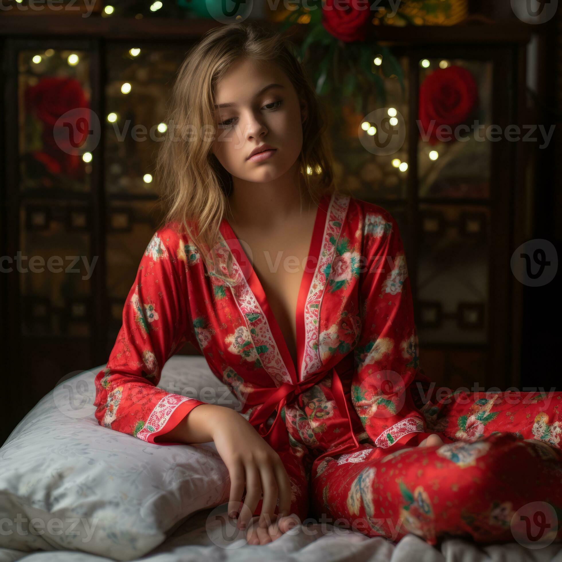 A Woman In Red Pajamas Sitting On A Bed Generative Ai 32123136 Stock