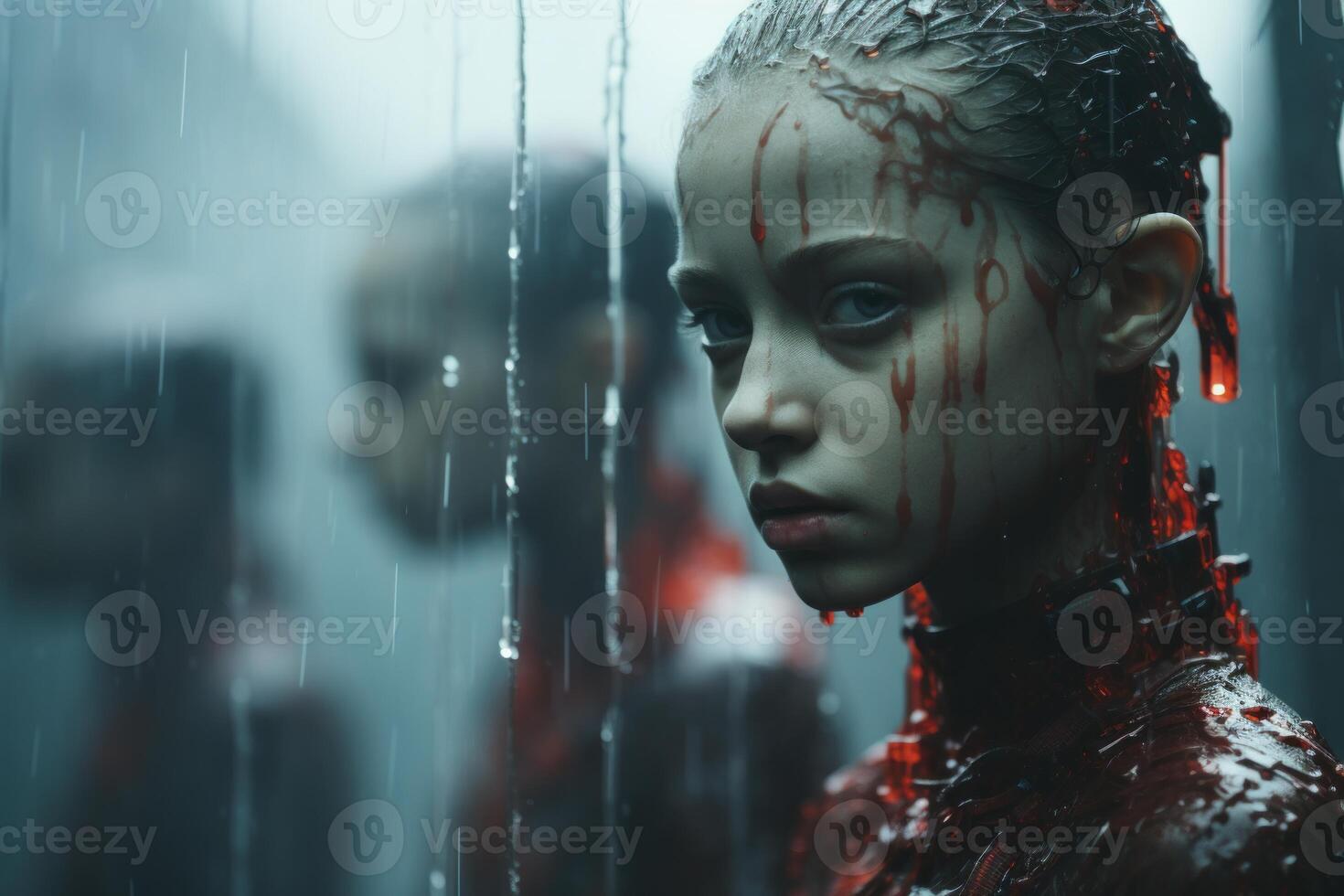 a woman with blood dripping down her face in the rain generative ai 32123684 Stock Photo at Vecteezy