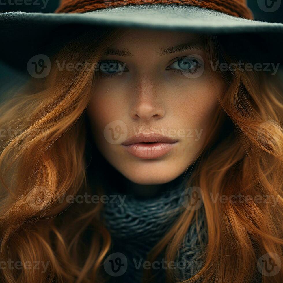 A Woman With Long Red Hair Wearing A Hat Generative Ai 32124084 Stock