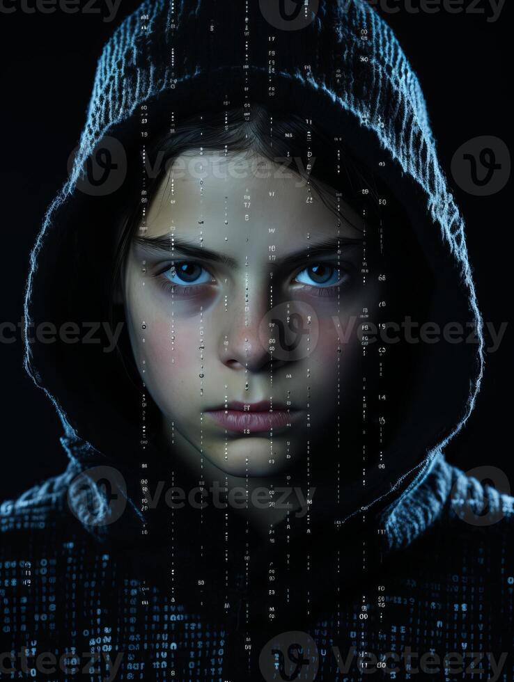 a young boy in a hoodie with binary code on his face generative ai 32124551 Stock Photo at Vecteezy