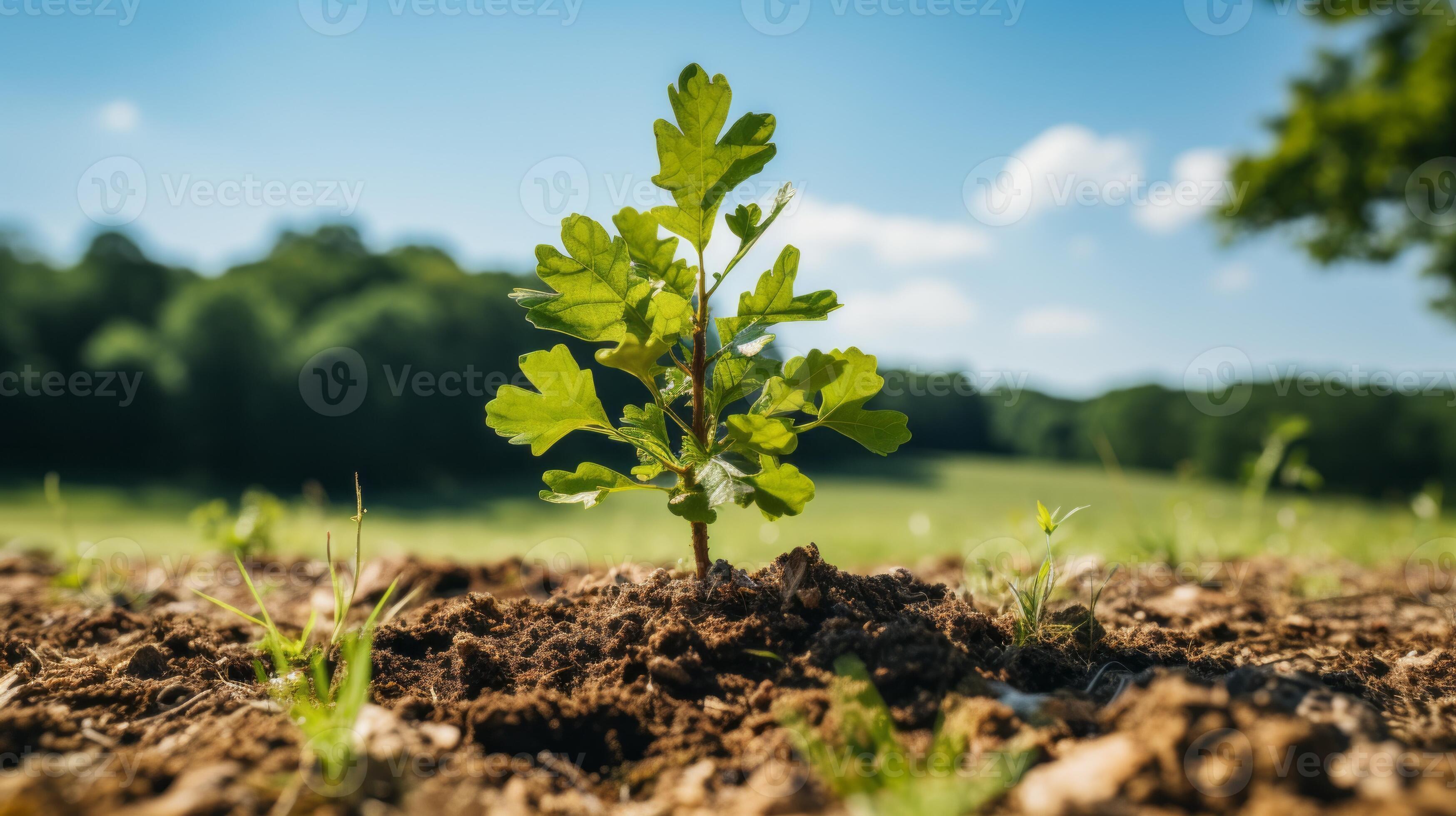 a young oak tree sprouting from the ground in the middle of a field ...