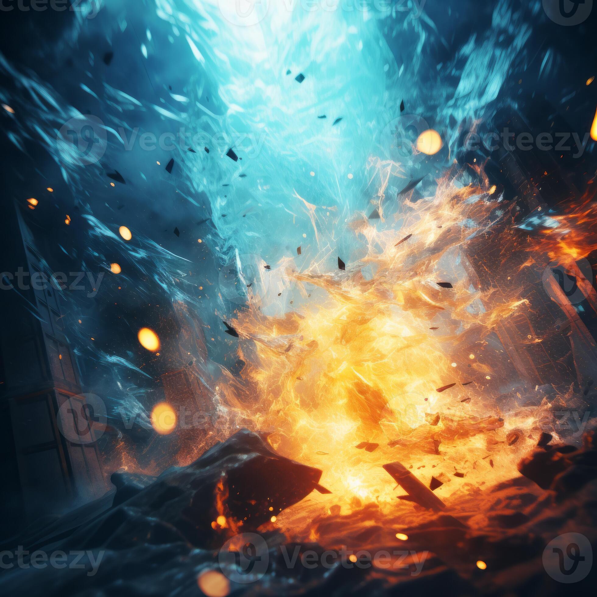 an explosion in a dark room with fire and smoke coming out of it ...