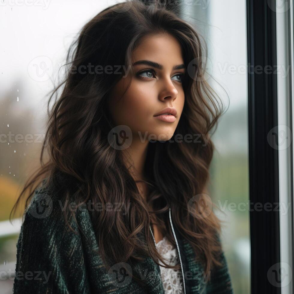 beautiful young woman with long brown hair looking out the window ...