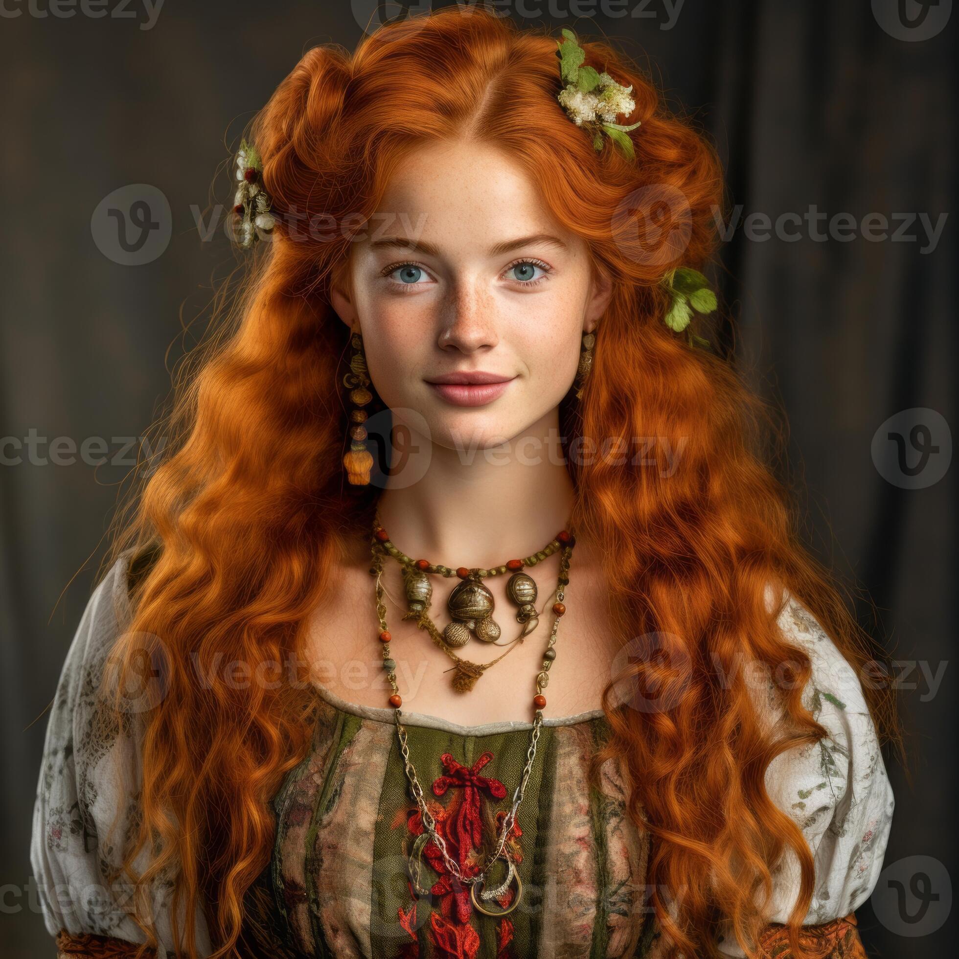 portrait of beautiful red haired girl in renaissance costume generative ai 32128411 Stock Photo ...