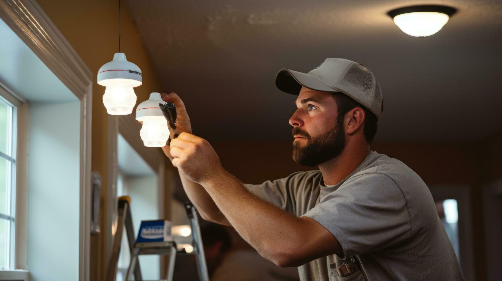 Electrician installing new light fixtures in a home 32129852 Stock ... Electrician installing new light fixtures in a home 32129852 Stock ...