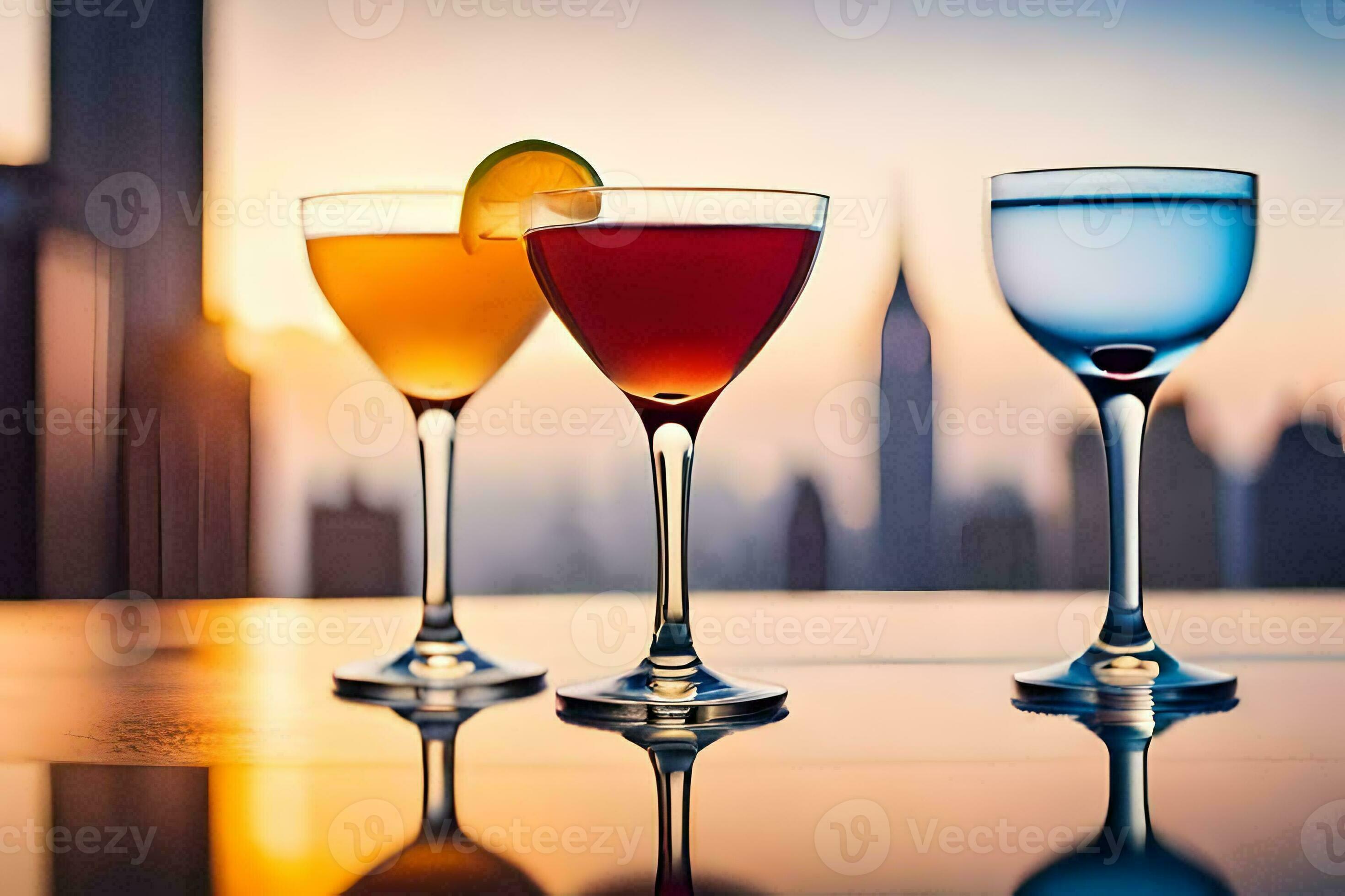 three glasses of different colored drinks on a table. AI-Generated 32147571 Stock Photo at Vecteezy