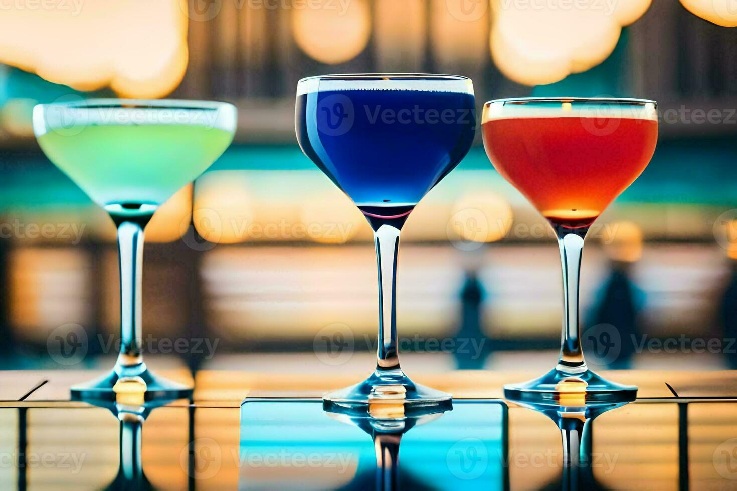 three different colored cocktails are lined up on a table. AI-Generated ...