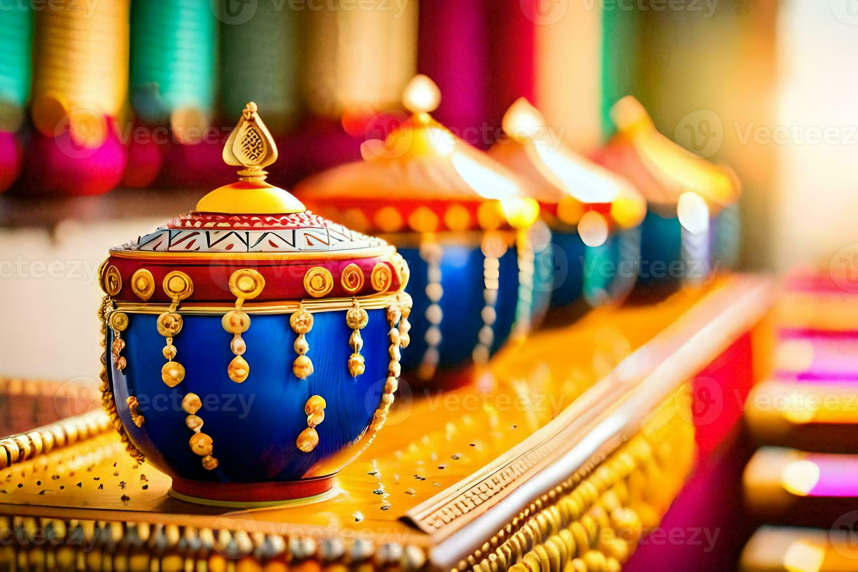 colorful vases on a table with gold and silver decorations. AI ...