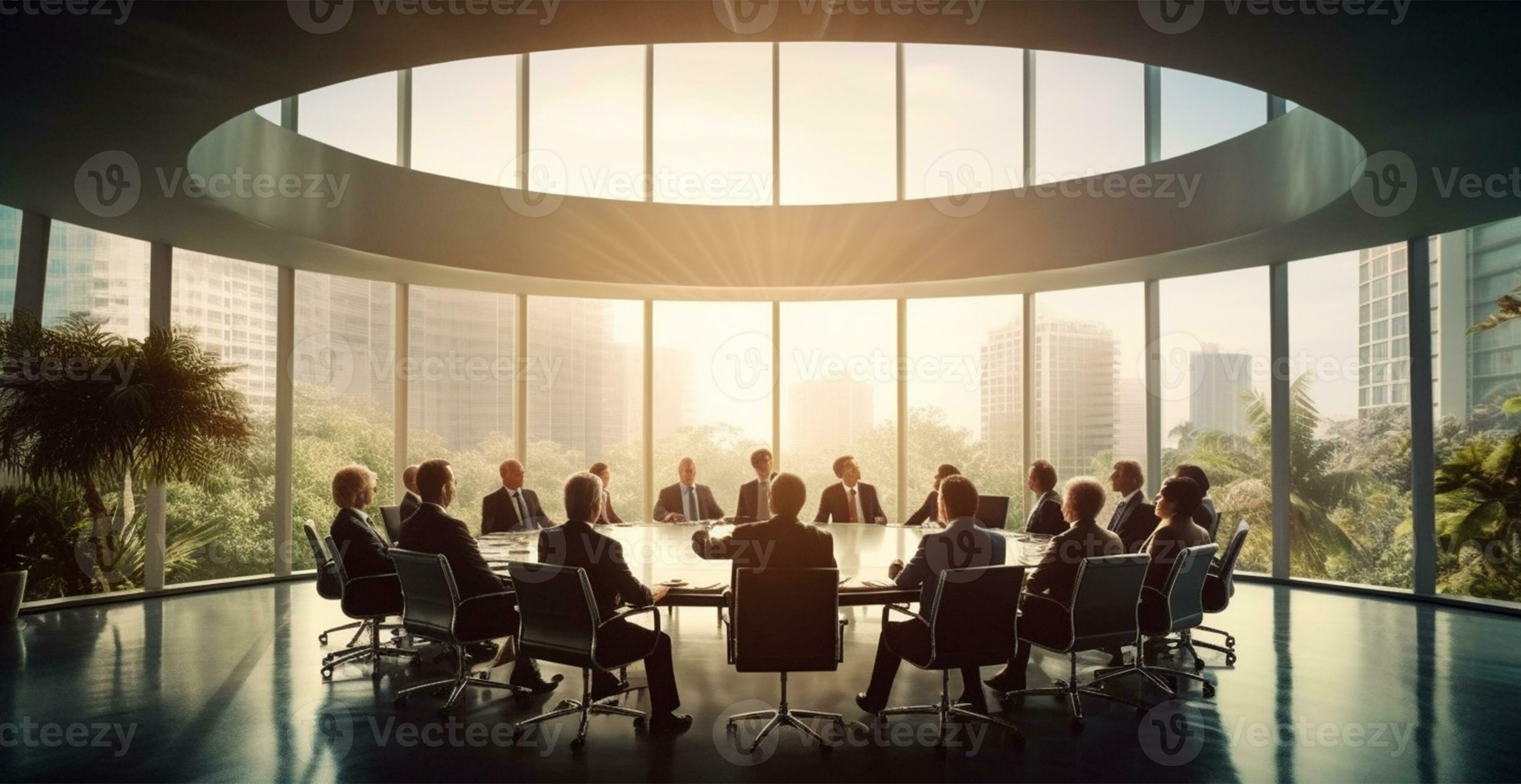 Business meeting at a large table in a bright office with large windows ...