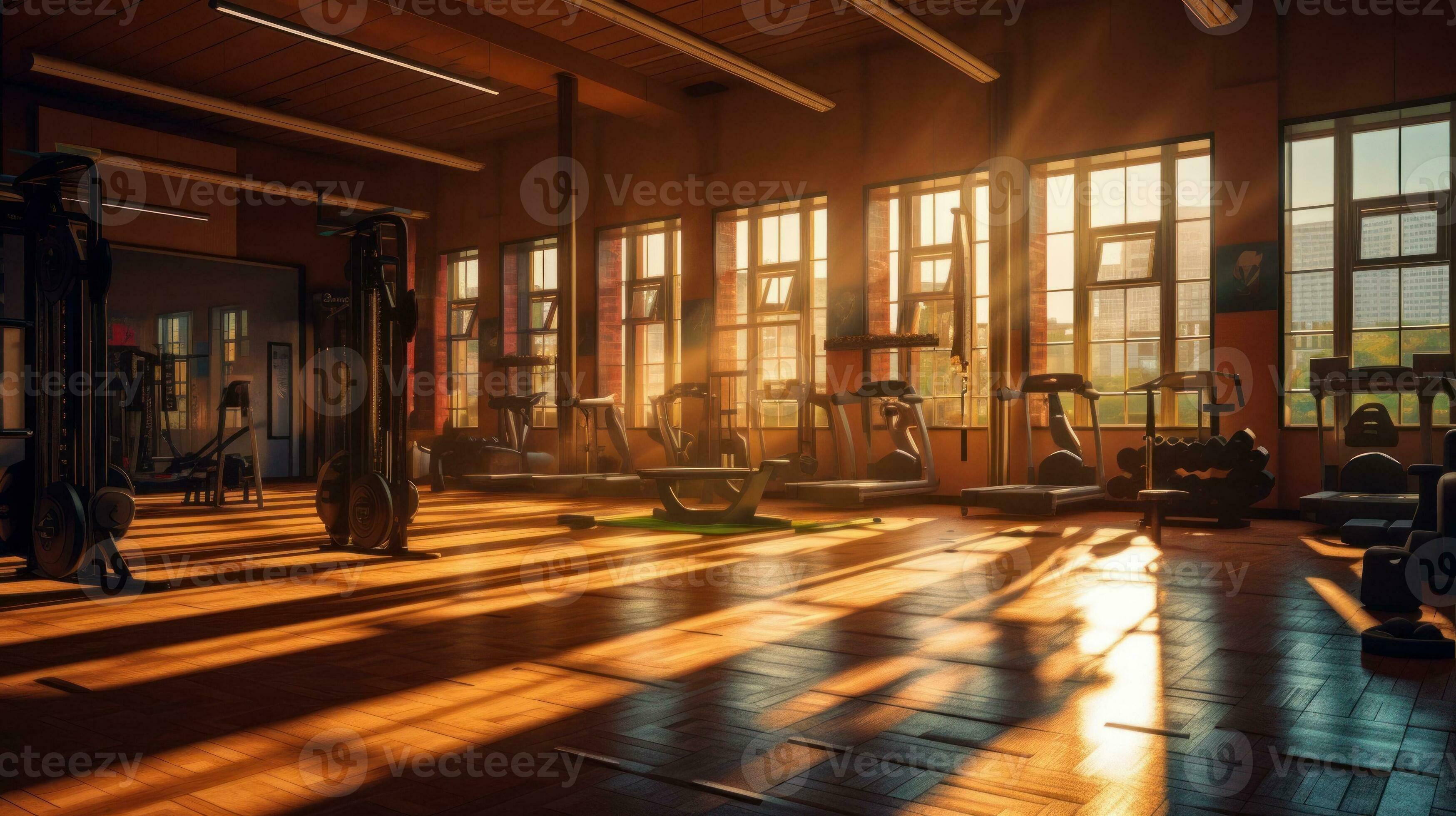 ai generative Fitness gym interior with equipment and sunlight. 3D ...