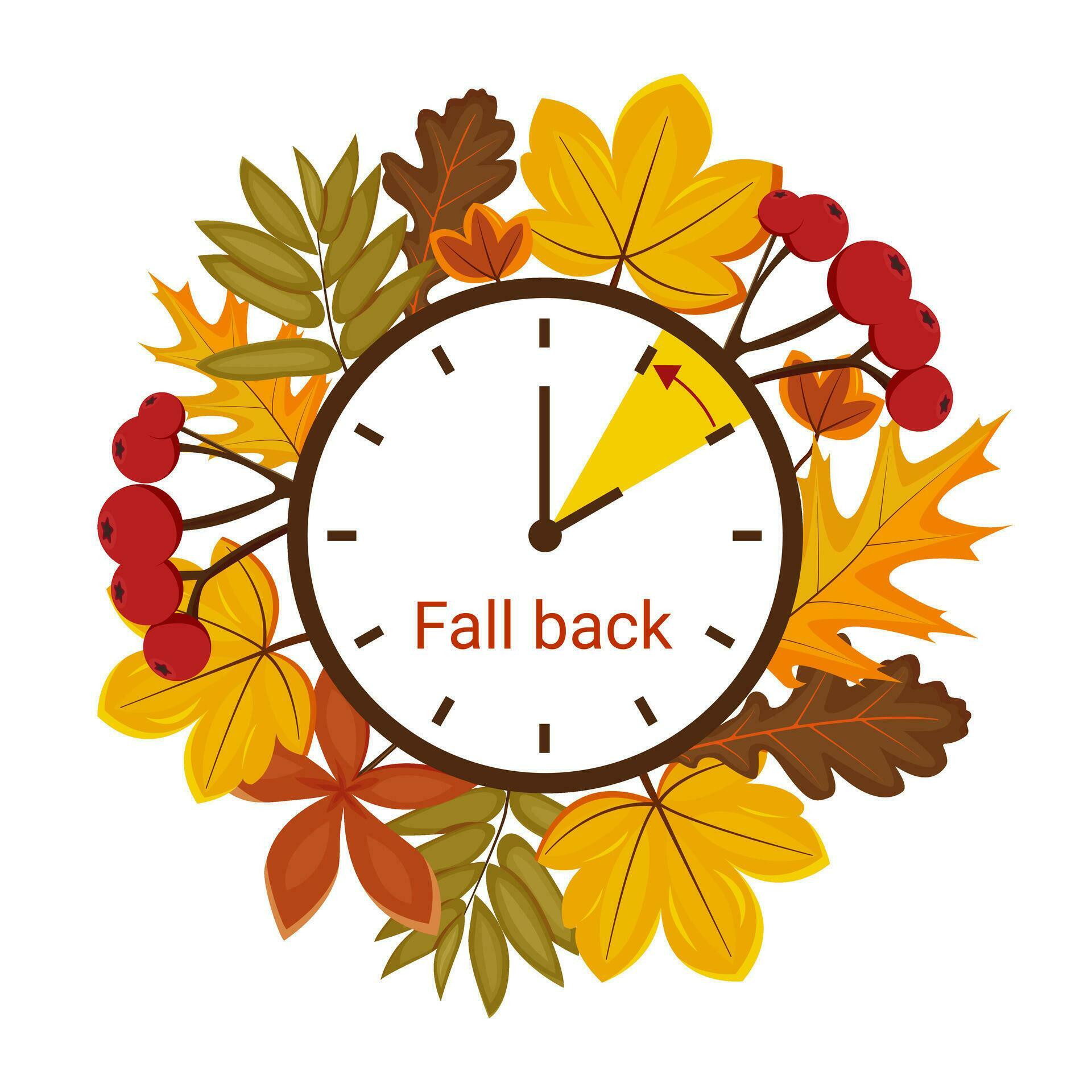 Daylight saving time ends. Fall back change clocks. Vector illustration with a clock turning an ...