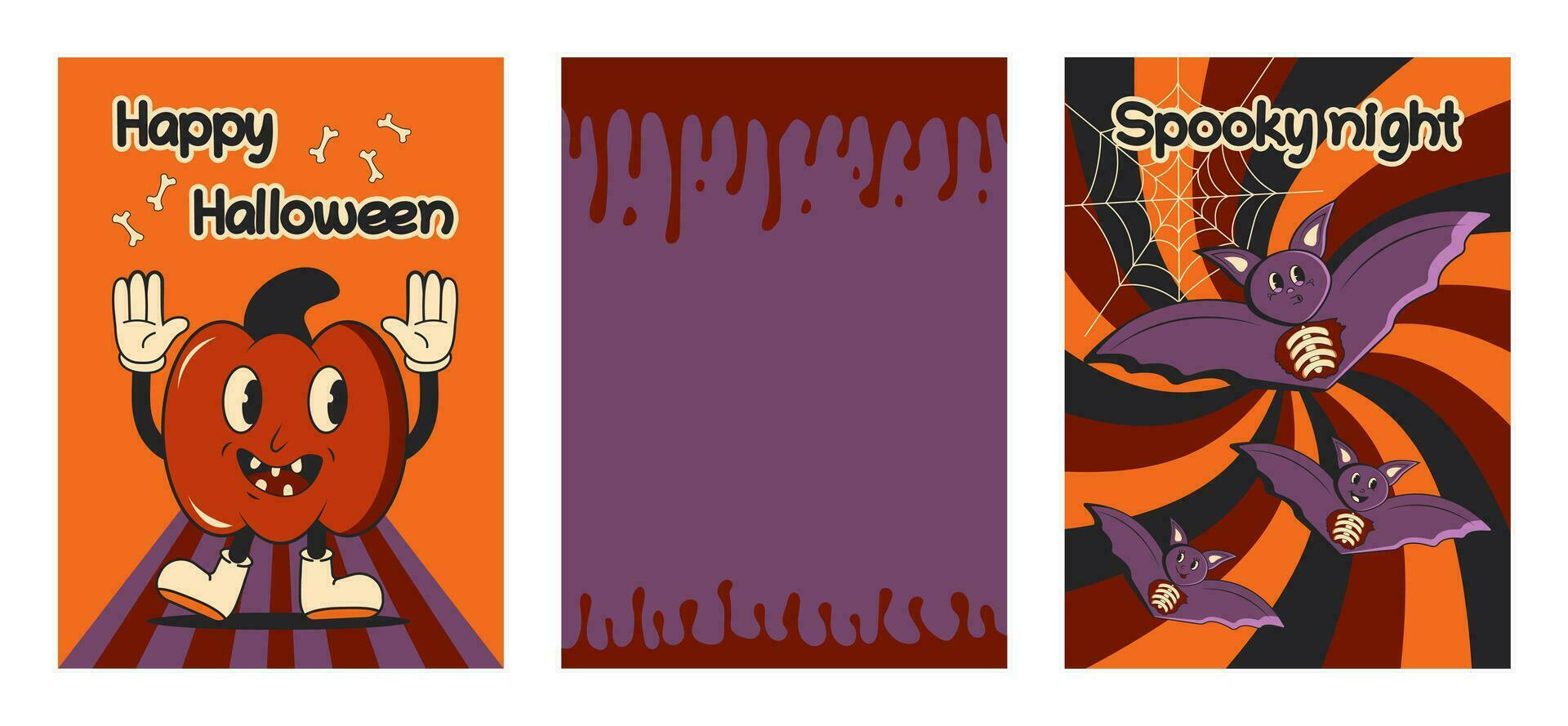 Halloween retro event poster set with funny groovy mascots. Fall season ...