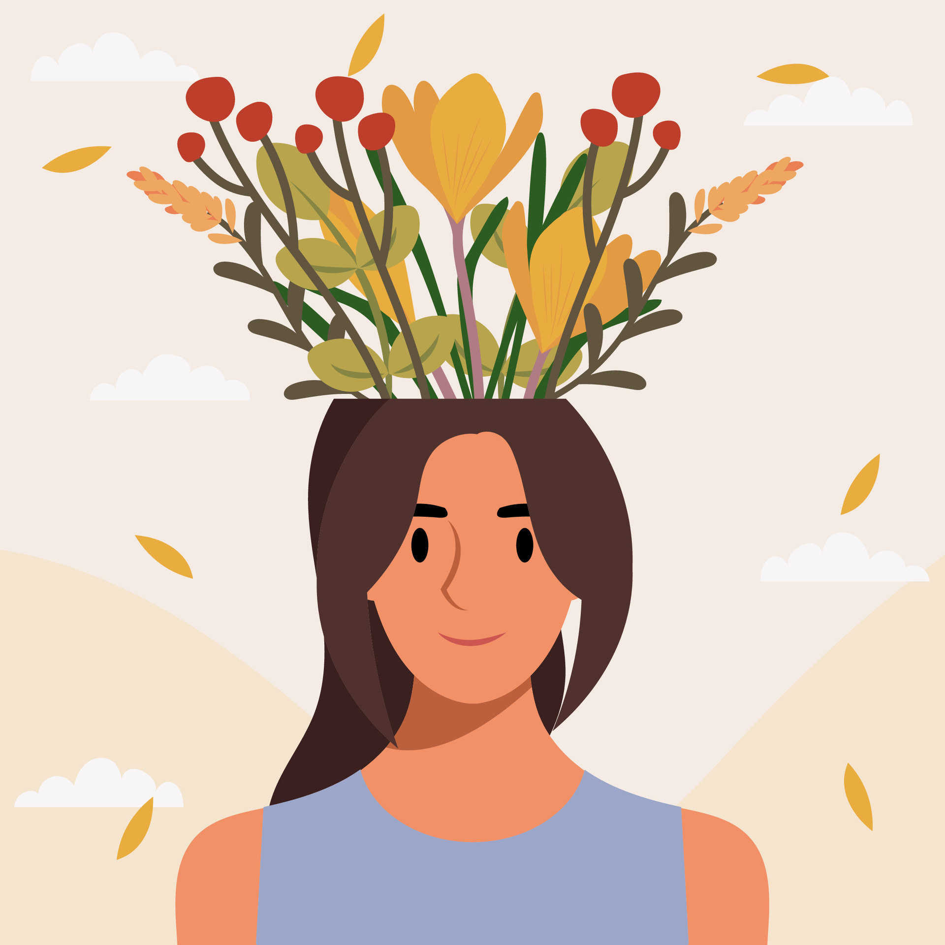 plano diseño vector ilustración concepto de mujer con flores en su ...