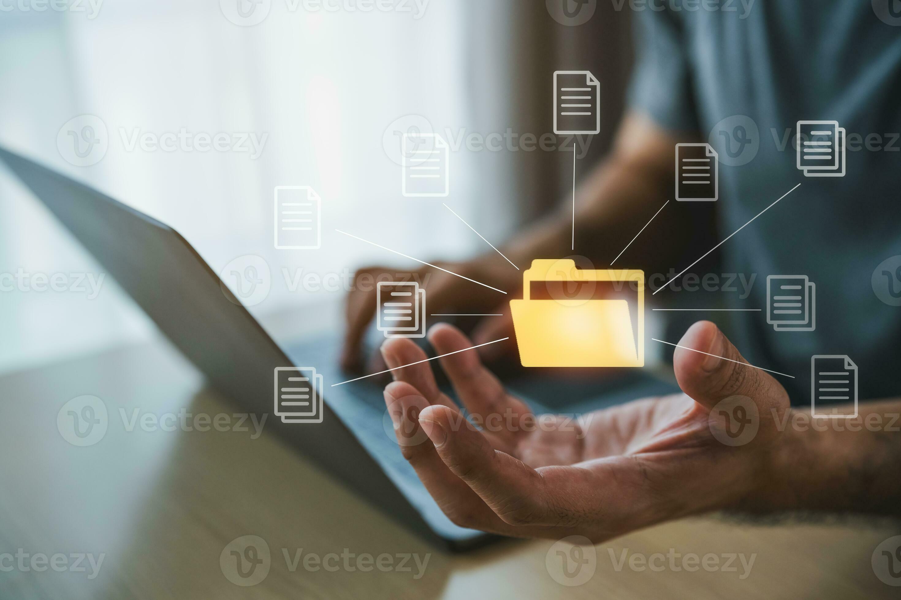 Big data clouds computing database, document management system concept, business man holding ...