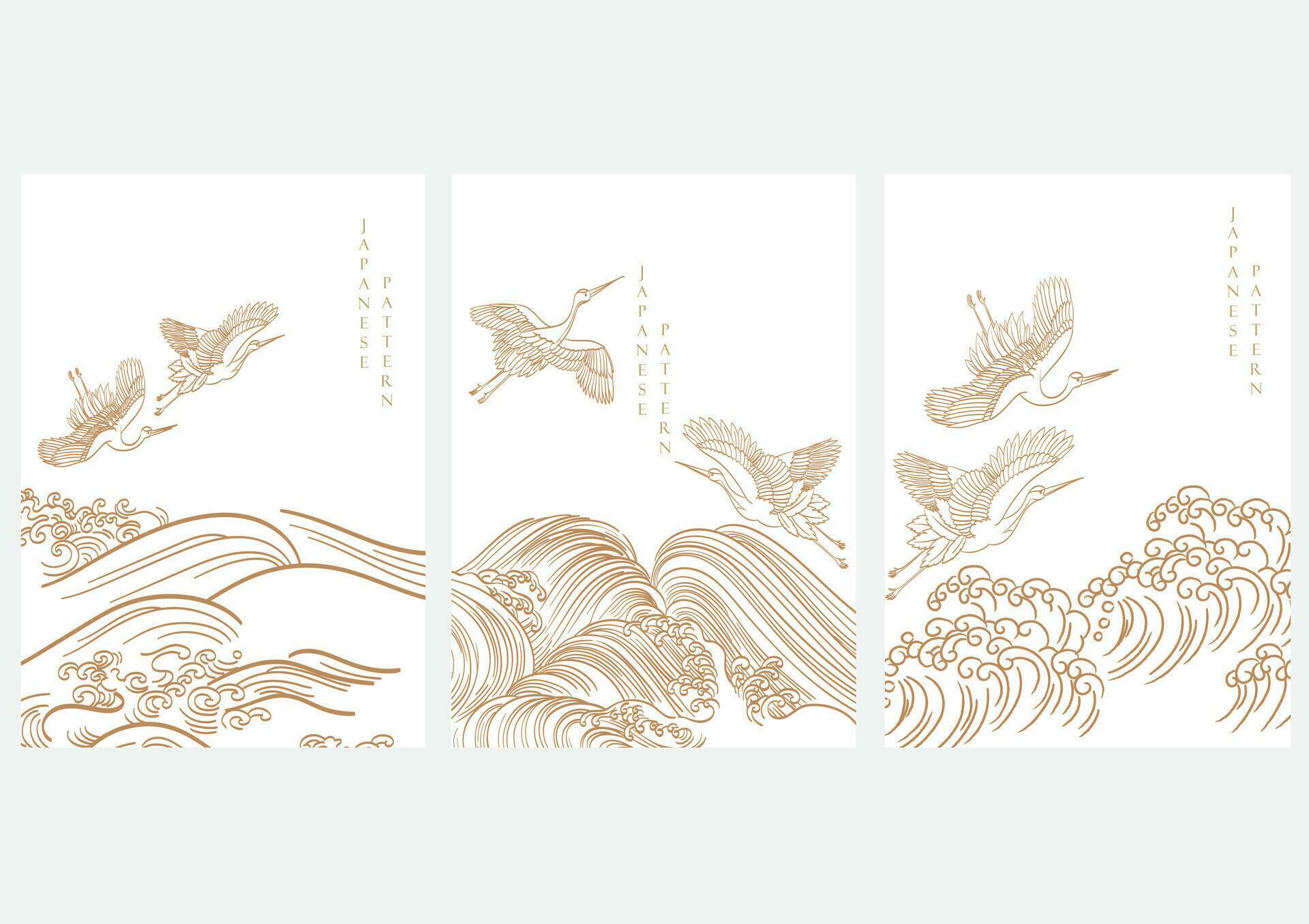 Set Of Hand Drawn Wave With Japanese Pattern Vector Oriental Decoration With Crane Birds Banner