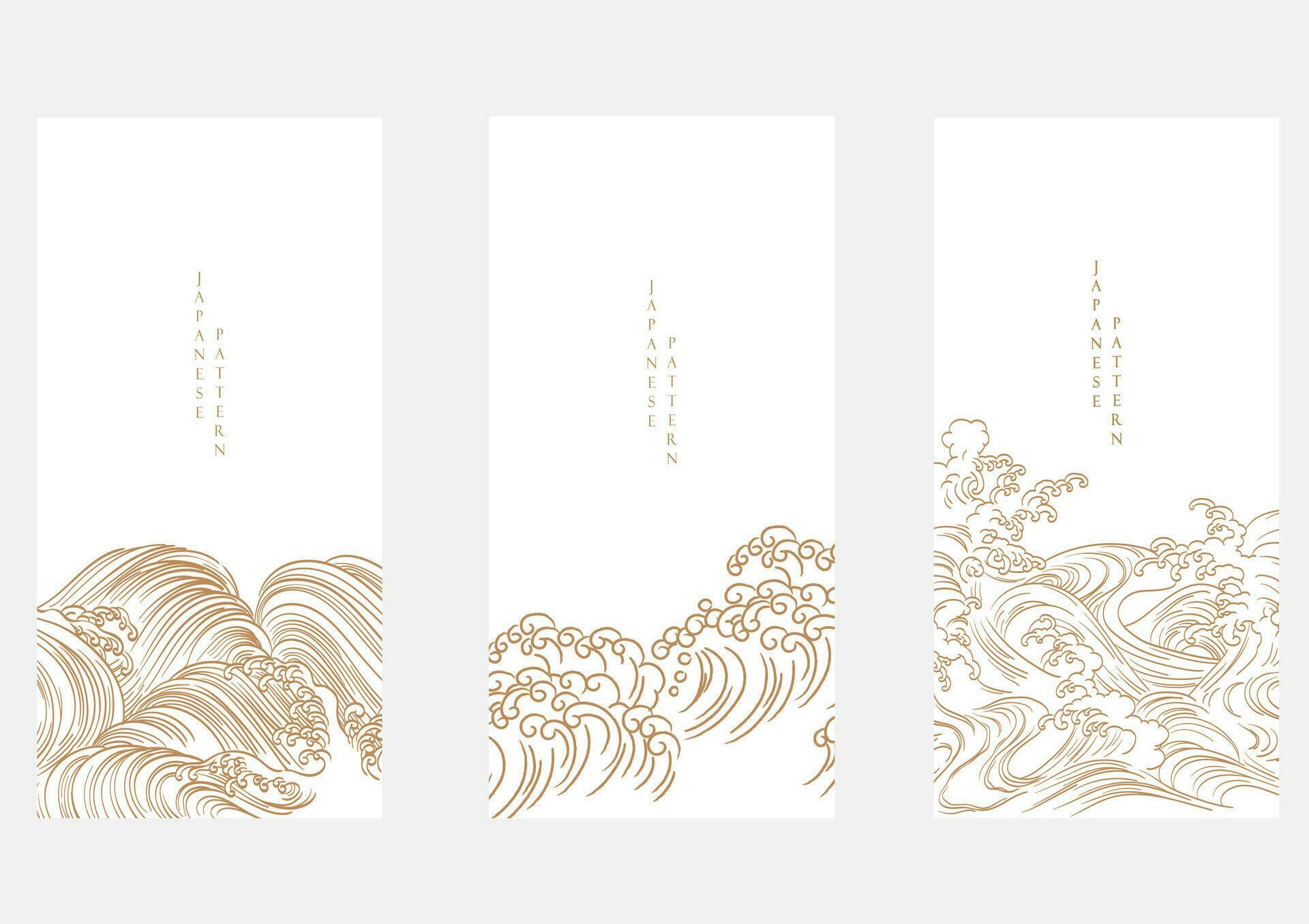 Set Of Hand Drawn Wave With Japanese Pattern Vector Oriental Decoration With Banner Design