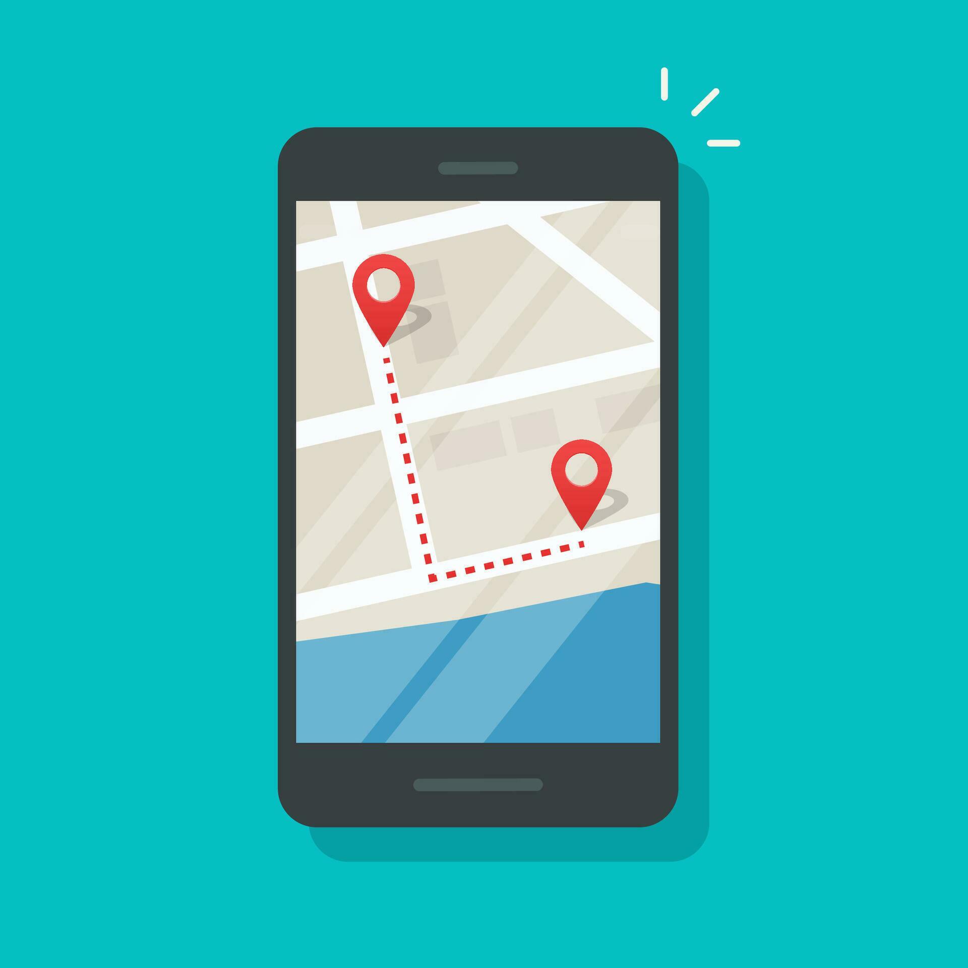 Cellphone with city map pin pointers and track direction vector icon isolated, flat cartoon ...