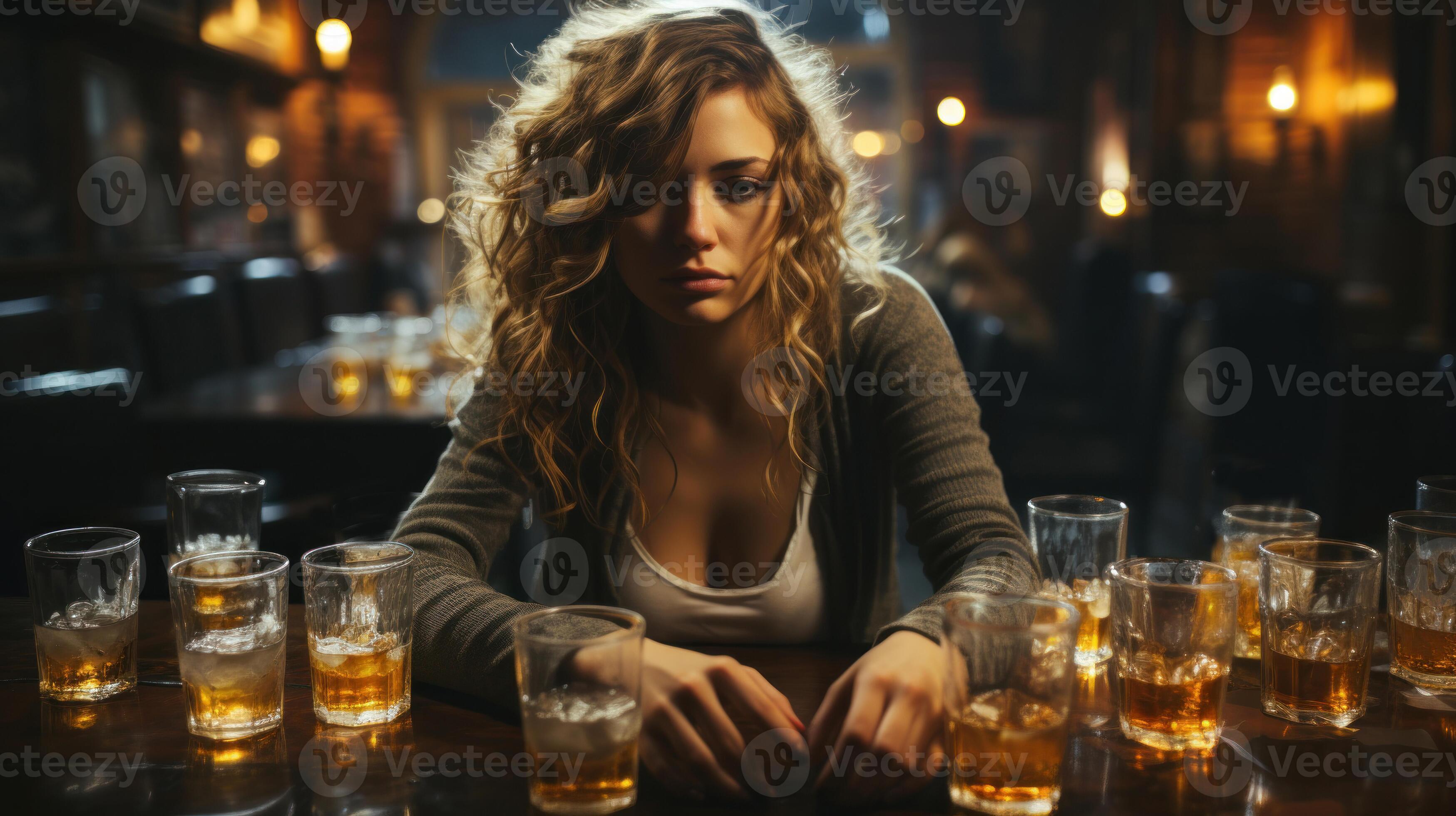 Portrait of young alcoholic woman drinking whiskey at bar counter in ...
