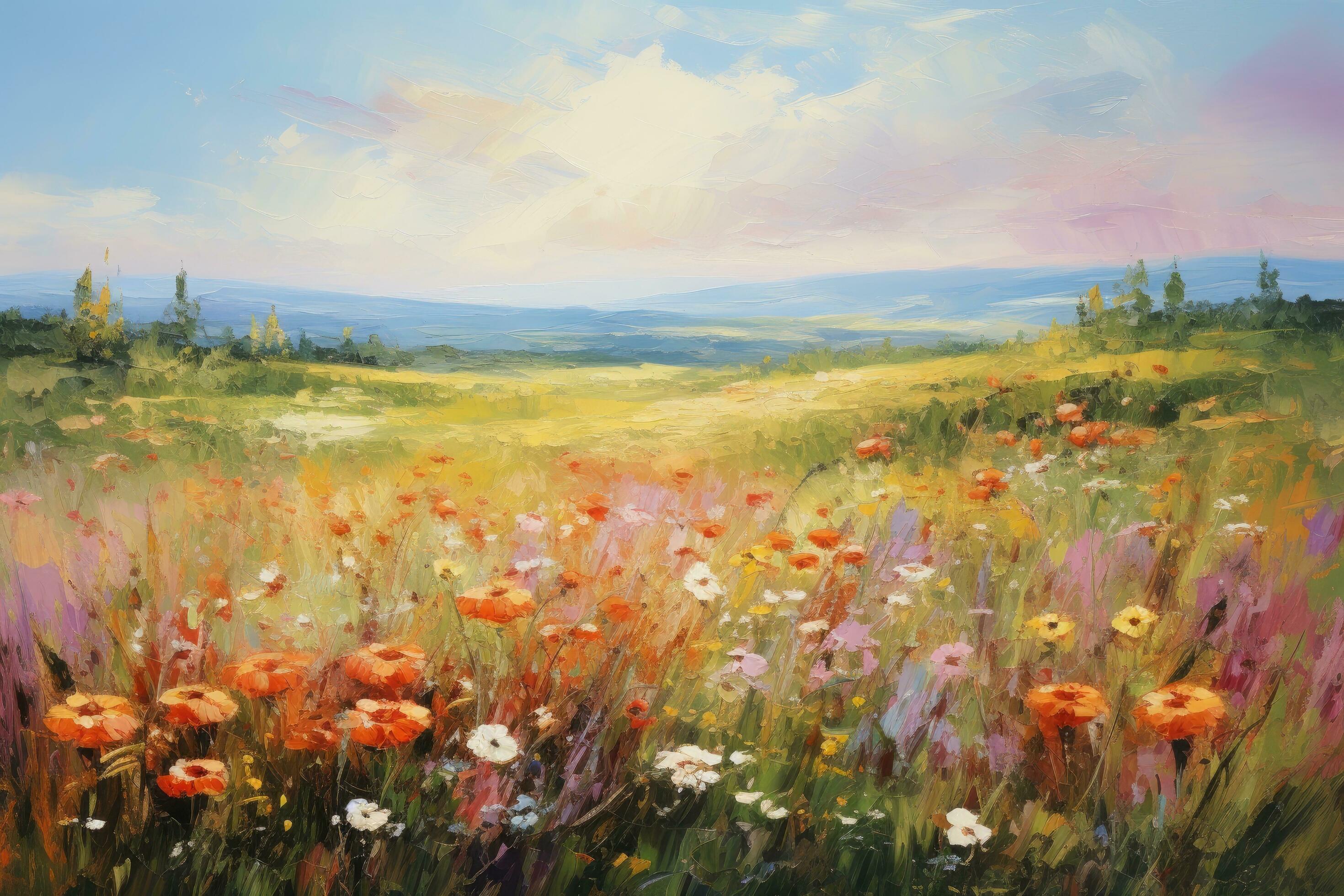 Oil painting of wildflowers in a field with blue sky, Flowers paintings monet painting claude ...