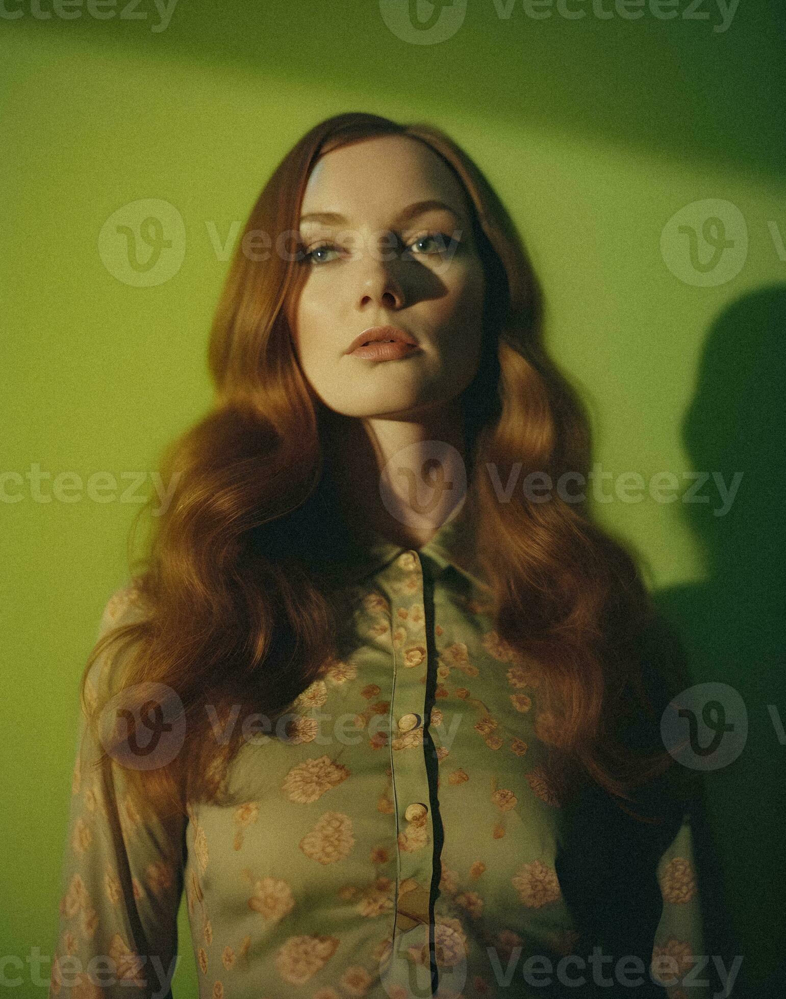 Vintage Elegance Stunning Redhead in Green Retro Blouse 70s Vibes generative ai 32210602 Stock ...