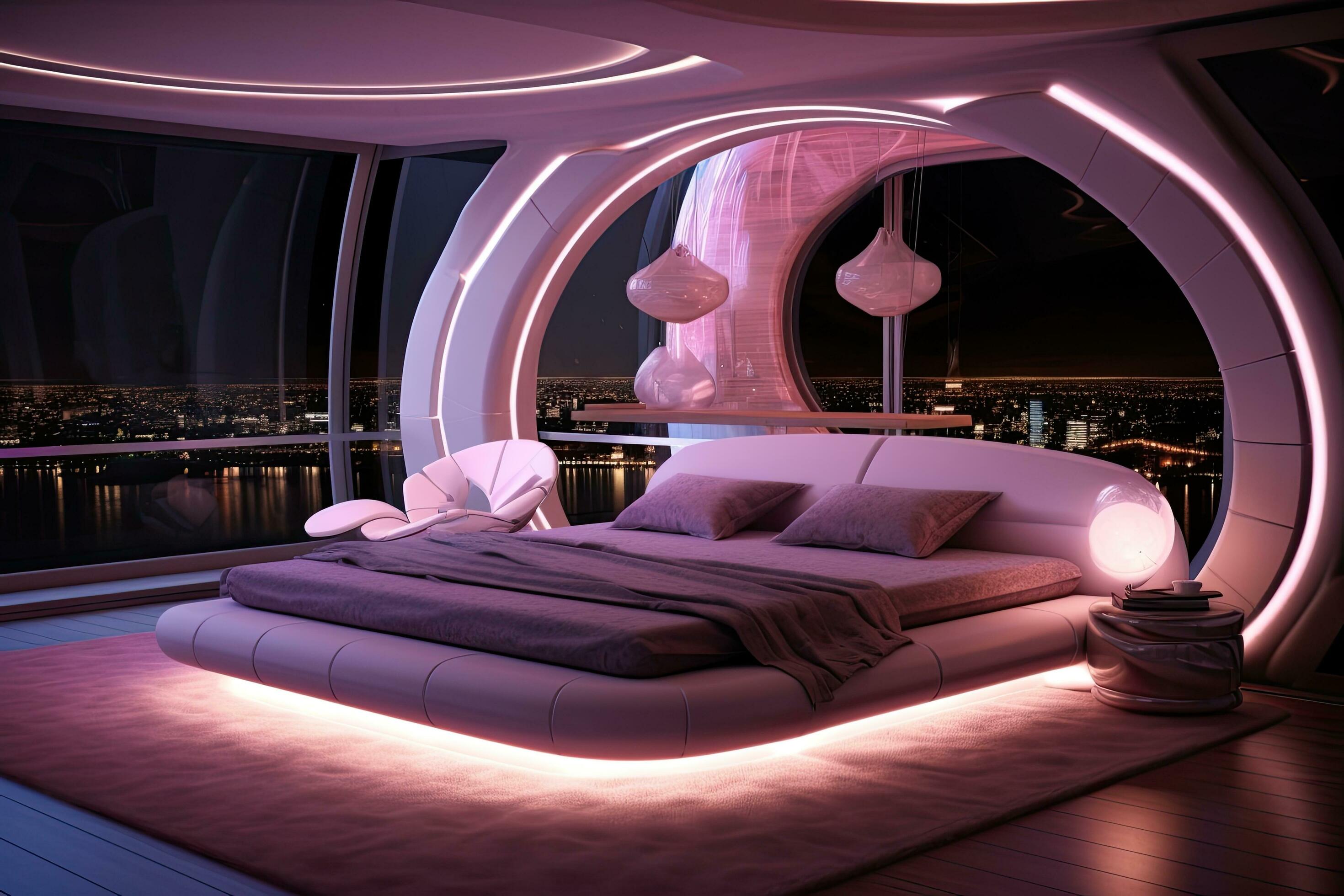 3d Rendering Of A Modern Bedroom With A View Of The City Futuristic