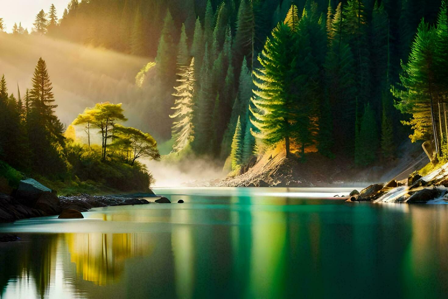 beautiful landscape with green trees and water. AI-Generated 32243330 ...