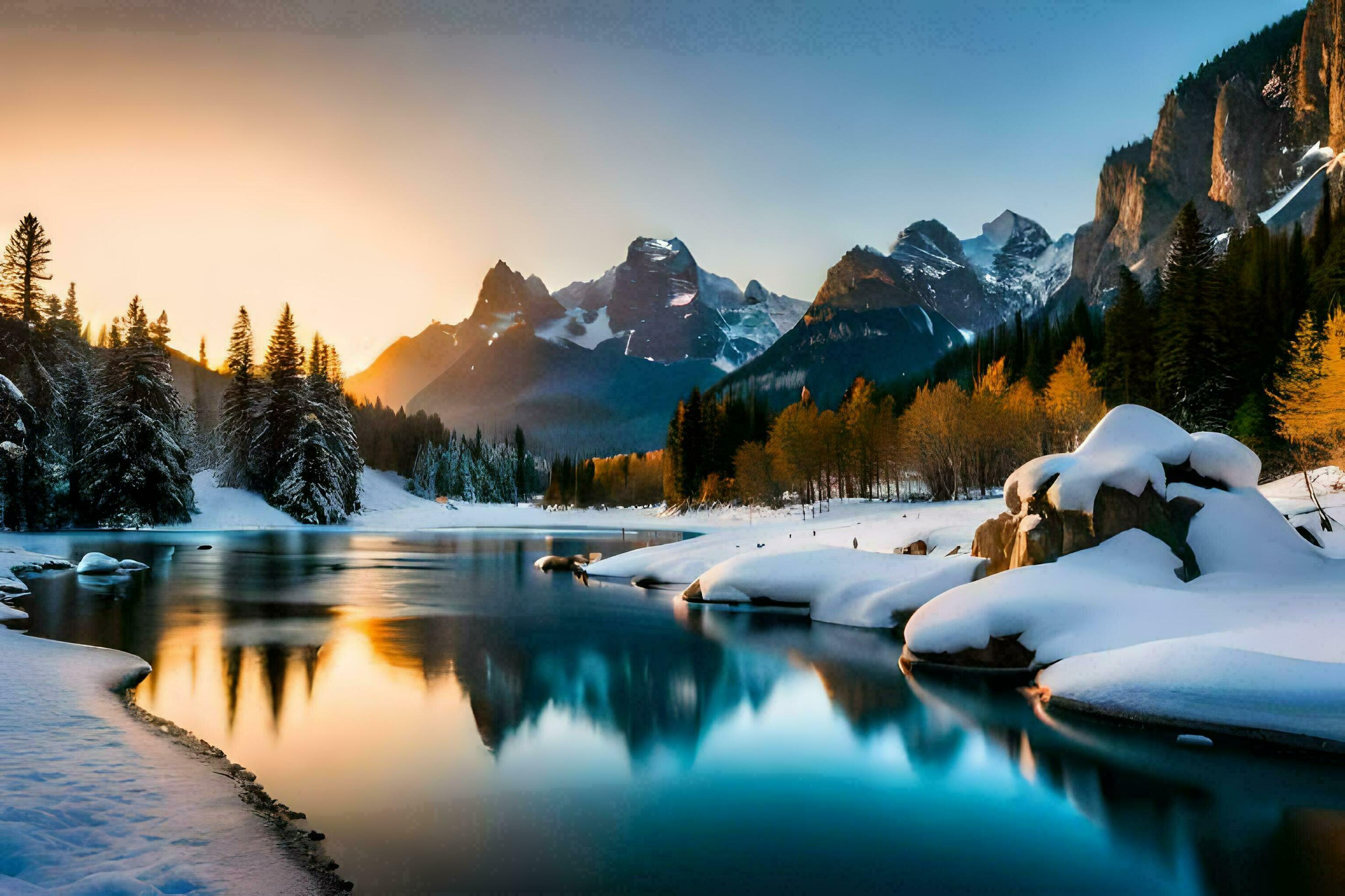photo wallpaper the sky, snow, mountains, river, lake, sunset, the ...