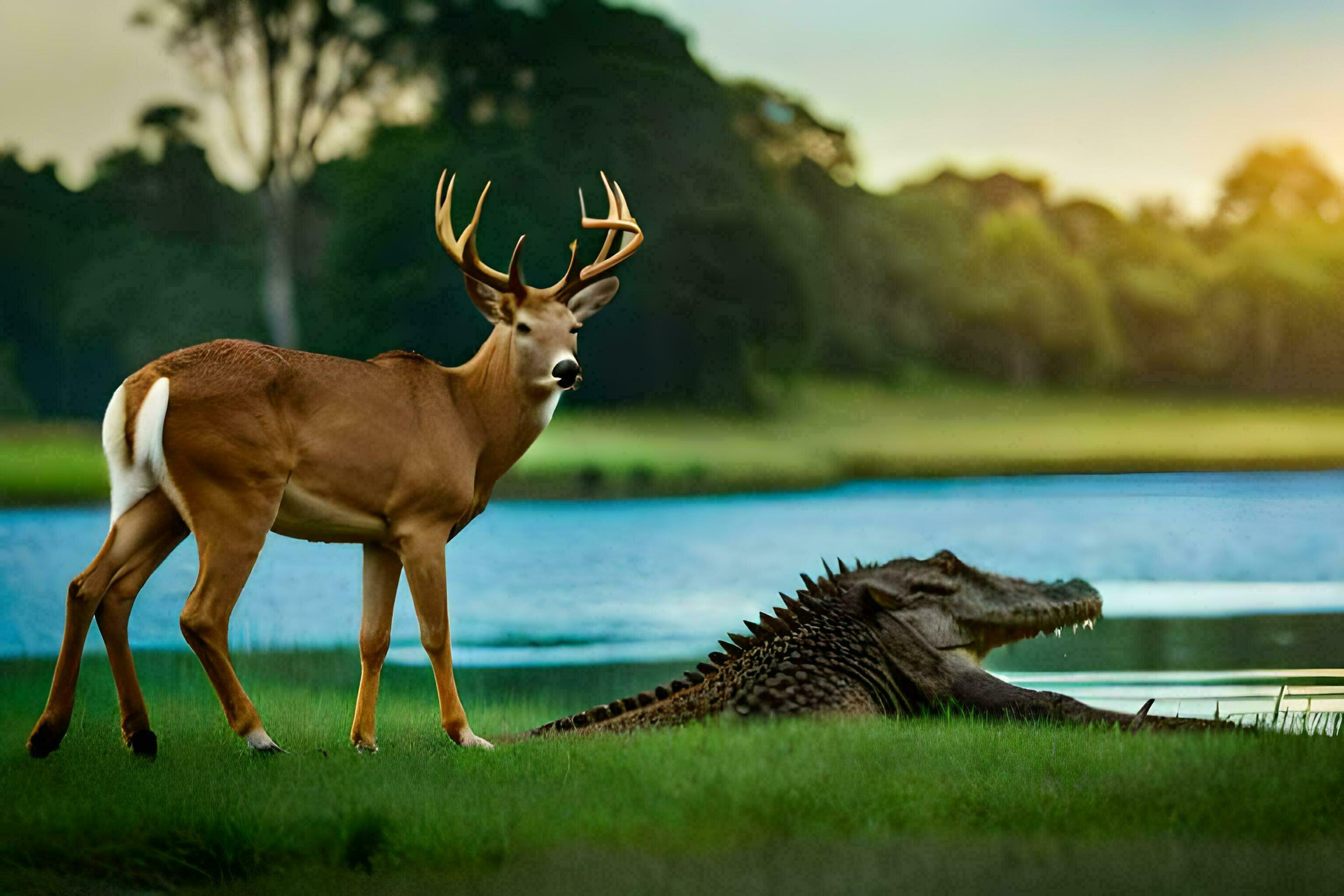 a deer and an alligator in the grass. AI-Generated 32252355 Stock Photo ...