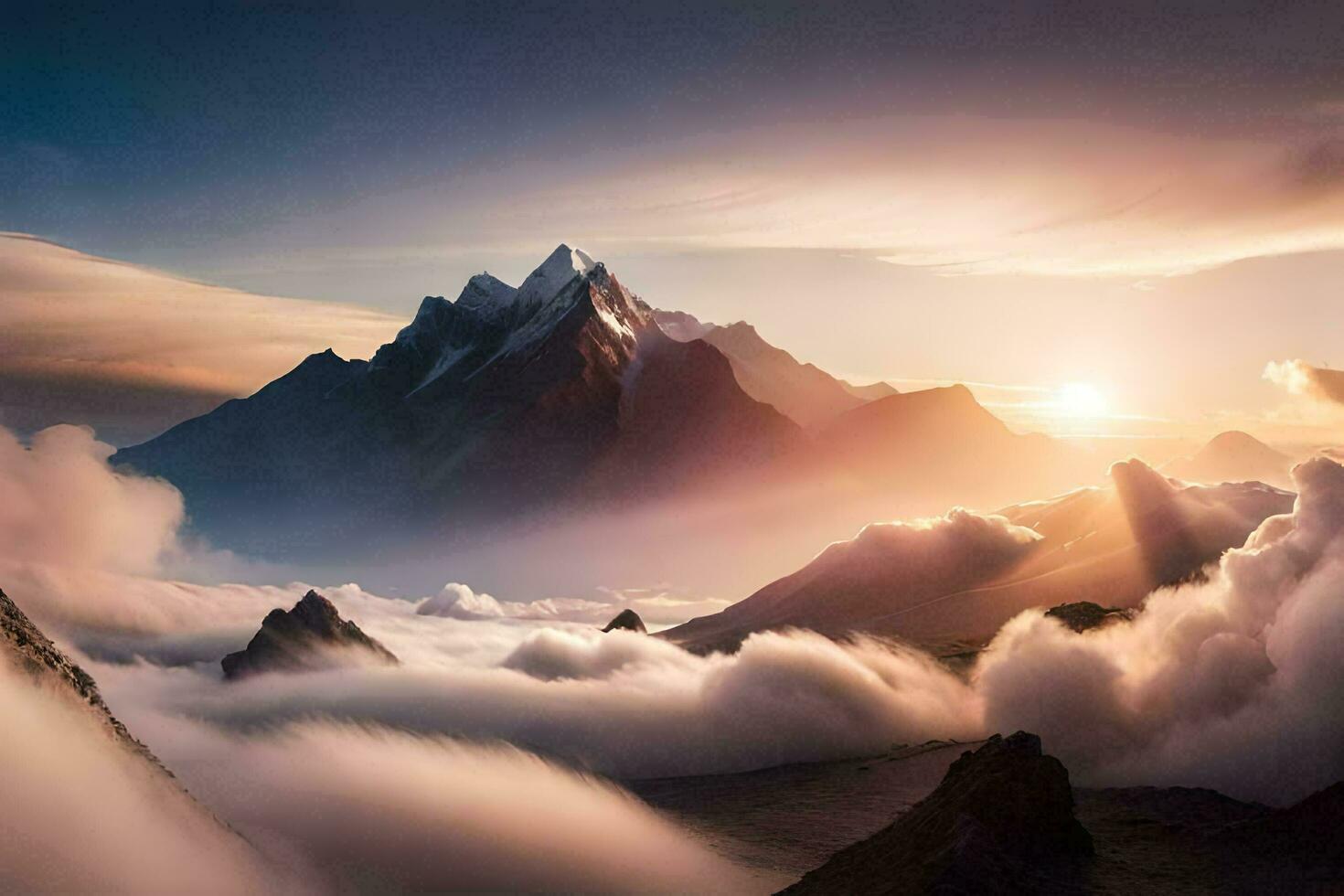 a mountain range is seen in the distance with clouds and fog. AI ...