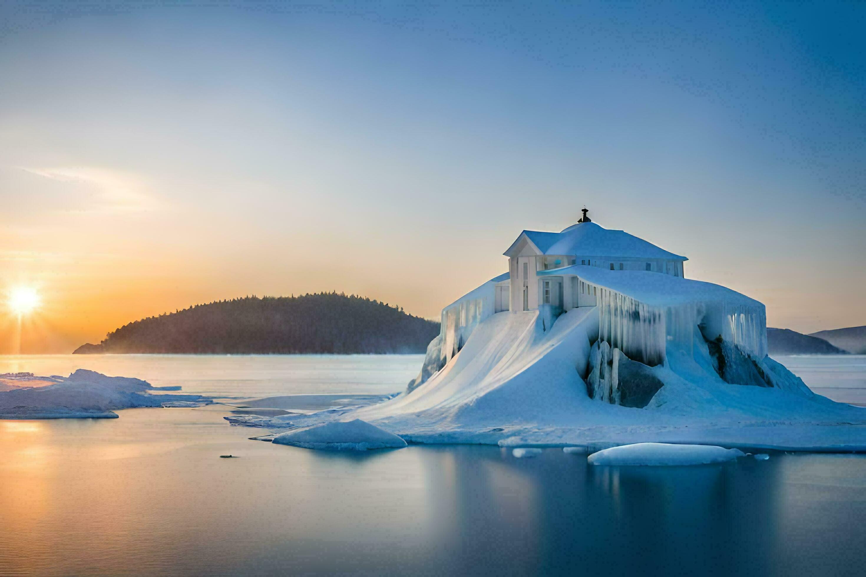 a small church is surrounded by ice in the middle of the ocean. AI-Generated 32261066 Stock ...
