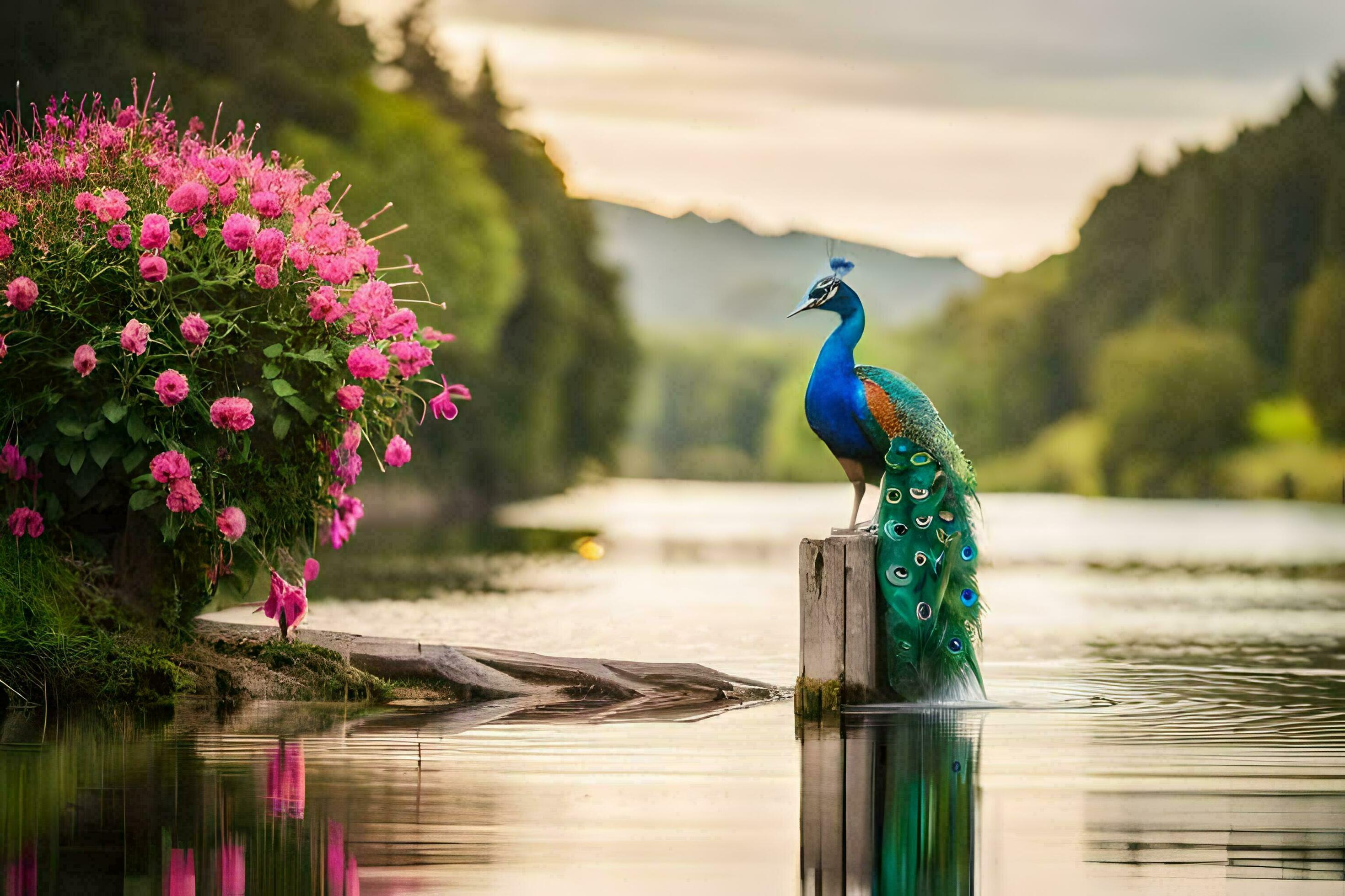 the peacock is standing on the edge of the water. AI-Generated 32262148 Stock Photo at Vecteezy