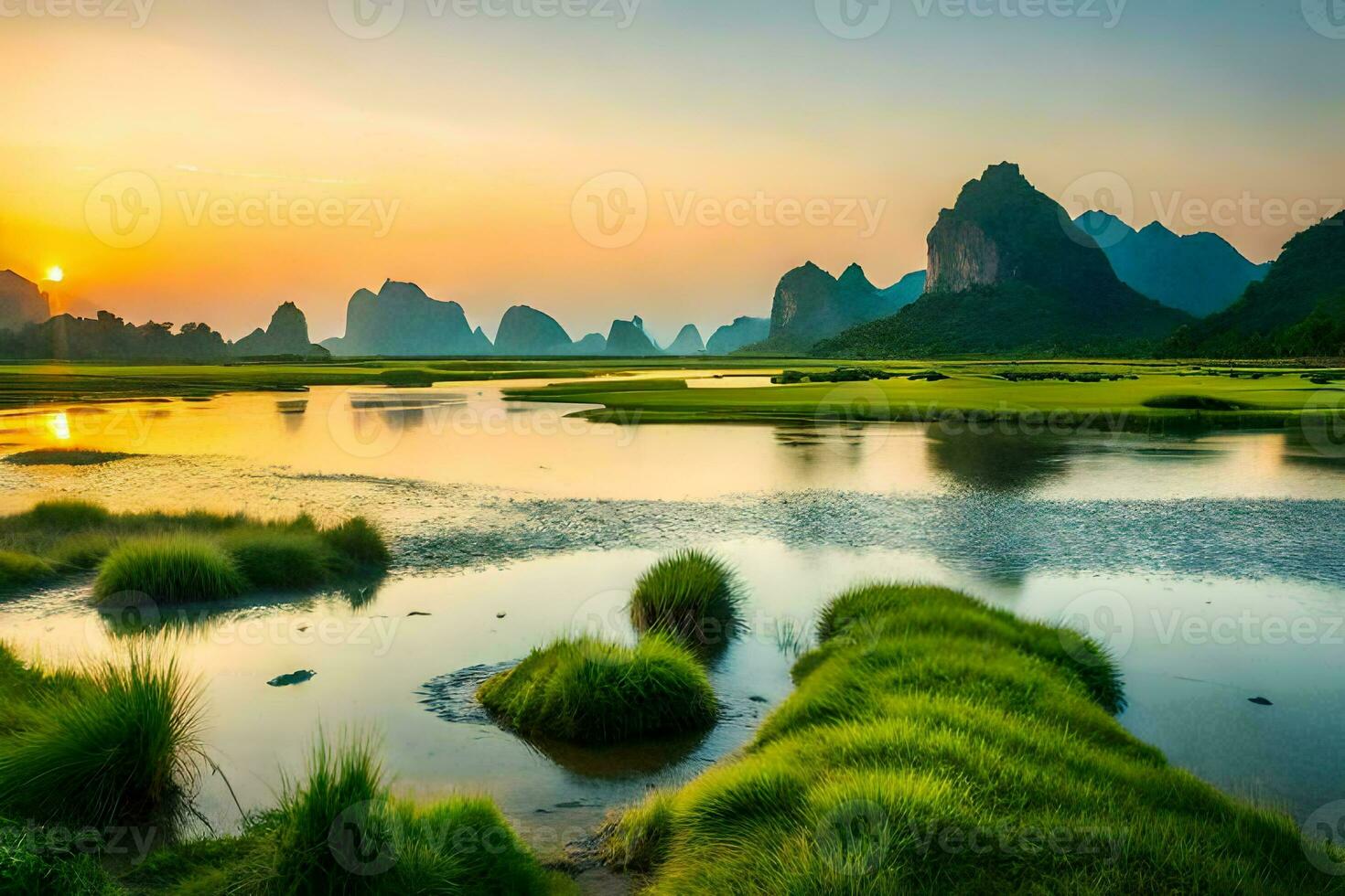 the li river, china, mountains, sunrise, landscape, nature, river, landscape h. AI-Generated ...
