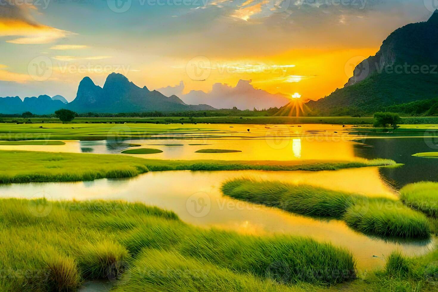 the sunrise over the li river, yangshuo, china. AI-Generated 32283263 Stock Photo at Vecteezy