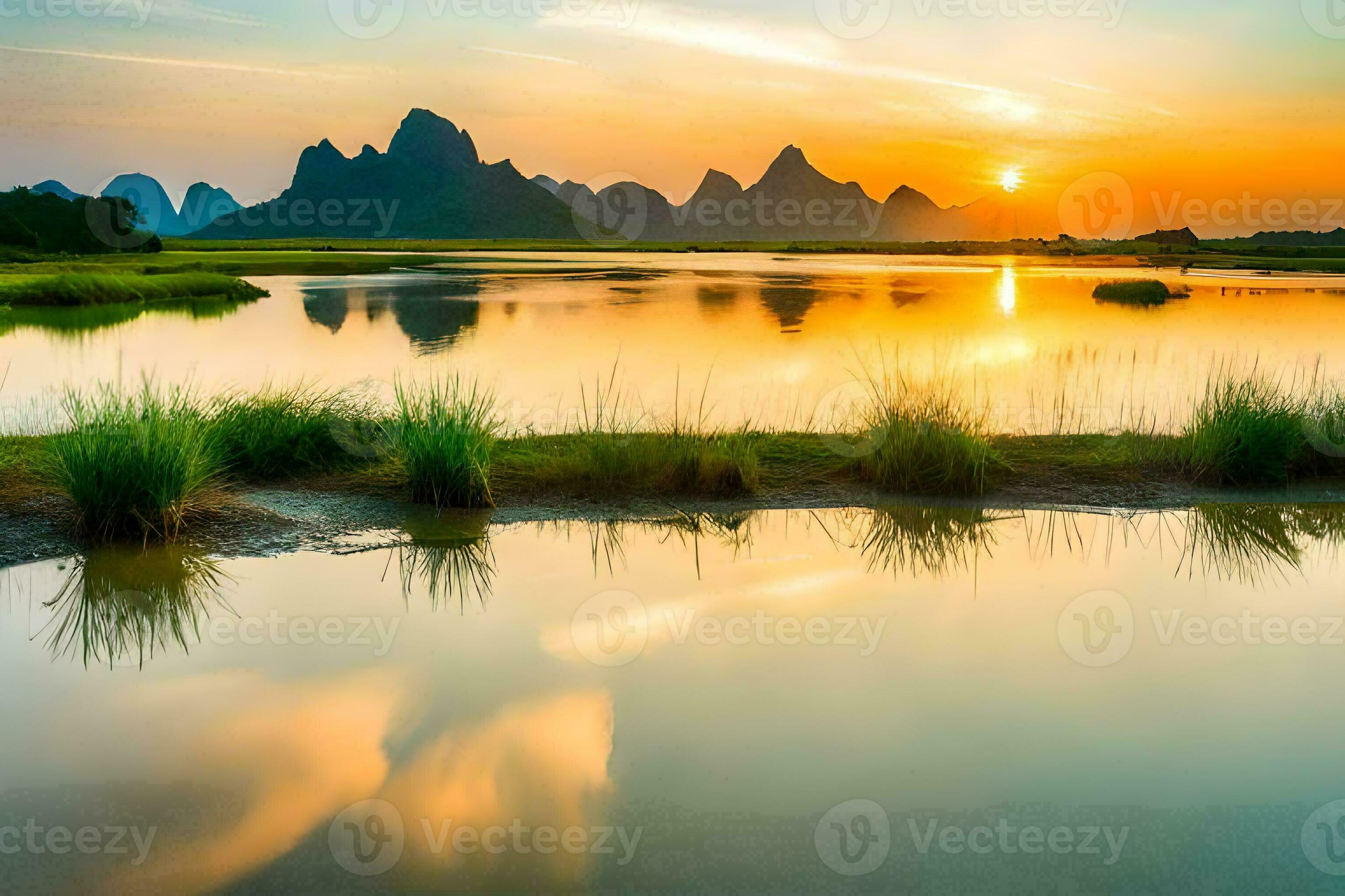 the li river, china, mountains, sunrise, the sun, the sky, the clouds. AI-Generated 32283739 ...