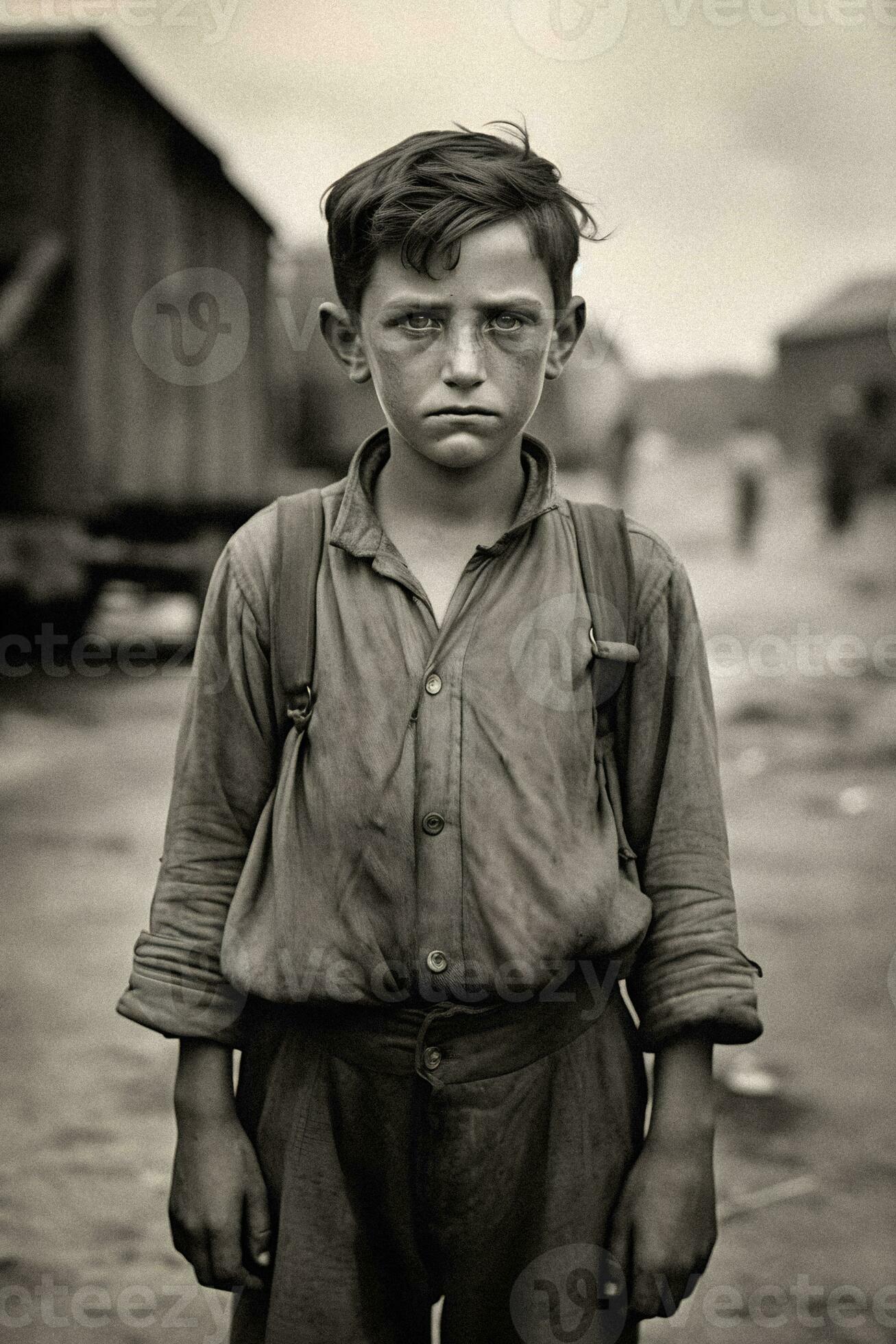 Vintage BW Photo Poor Boy Amidst the Great Depression. Generative AI. 32307792 Stock Photo at ...