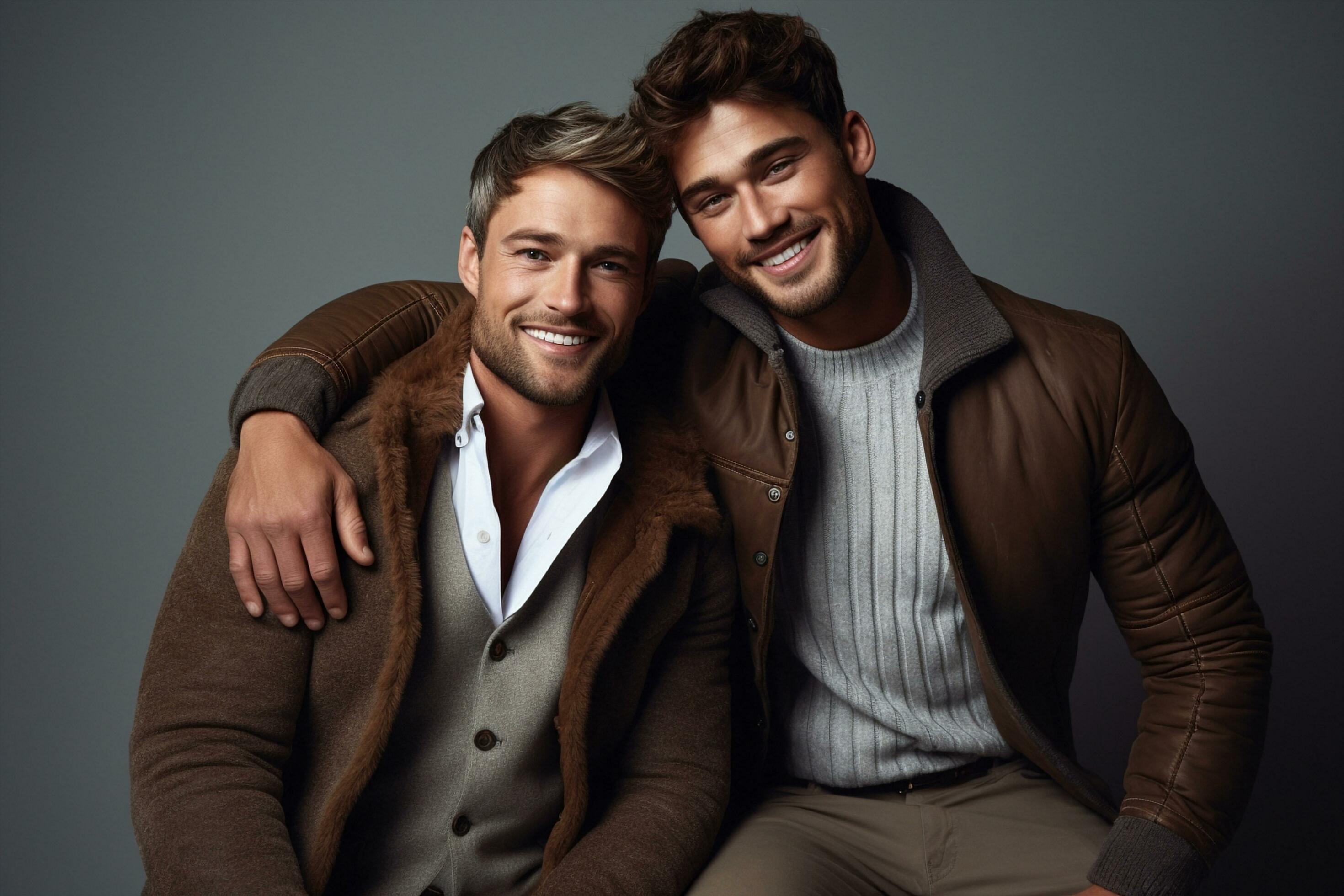 AI Generated Two young male men cheerful together friend lifestyle friendship happy portrait ...