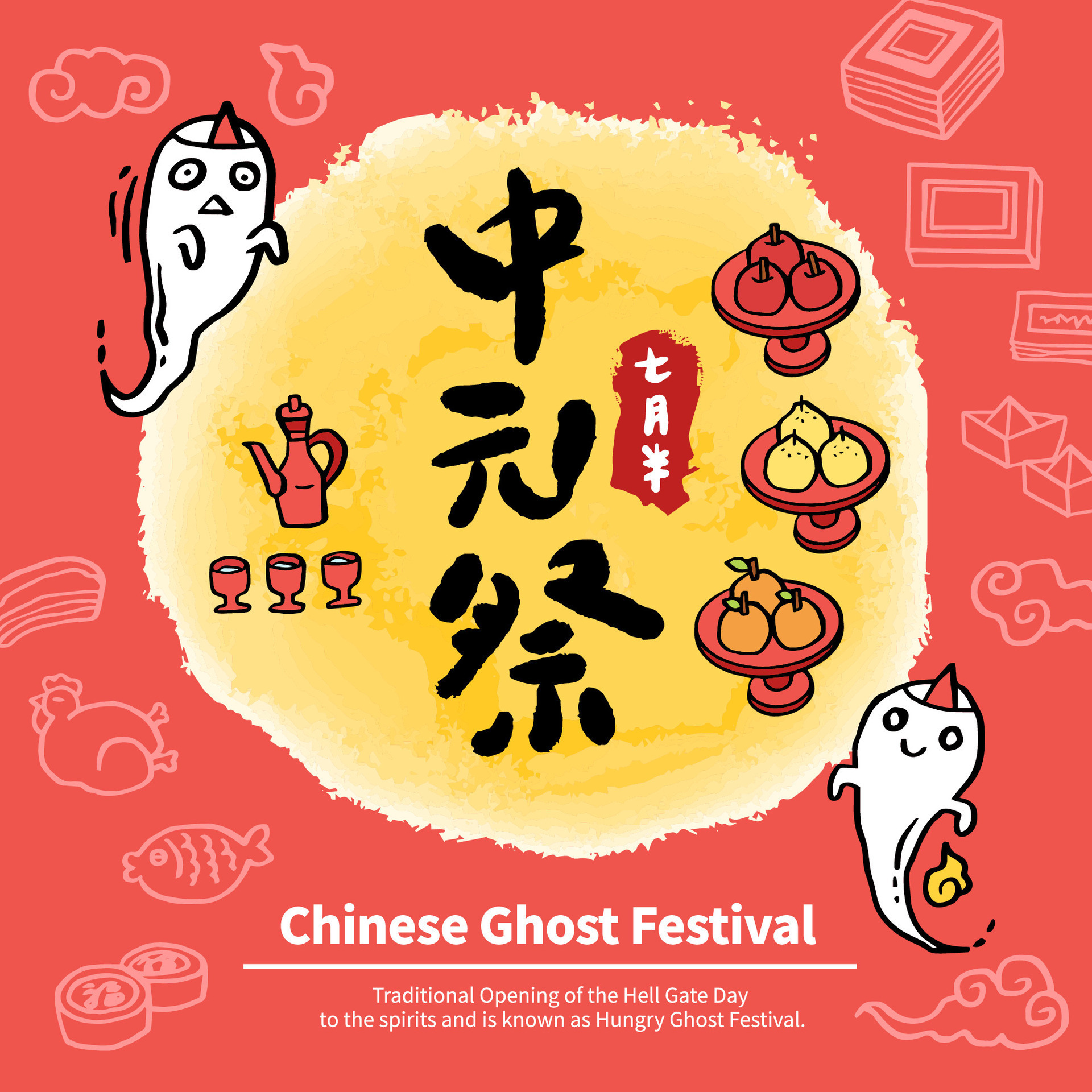 Vector Illustration Of Chinese Ghost Festival Celebration And Is Known As Hungry Ghost Festival