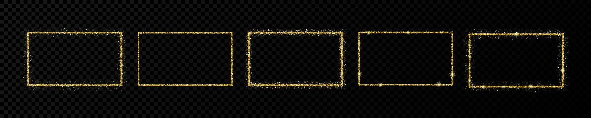 Set of five gold glitter frames. Rectangle vertical frame with shiny sparkles on dark background ...