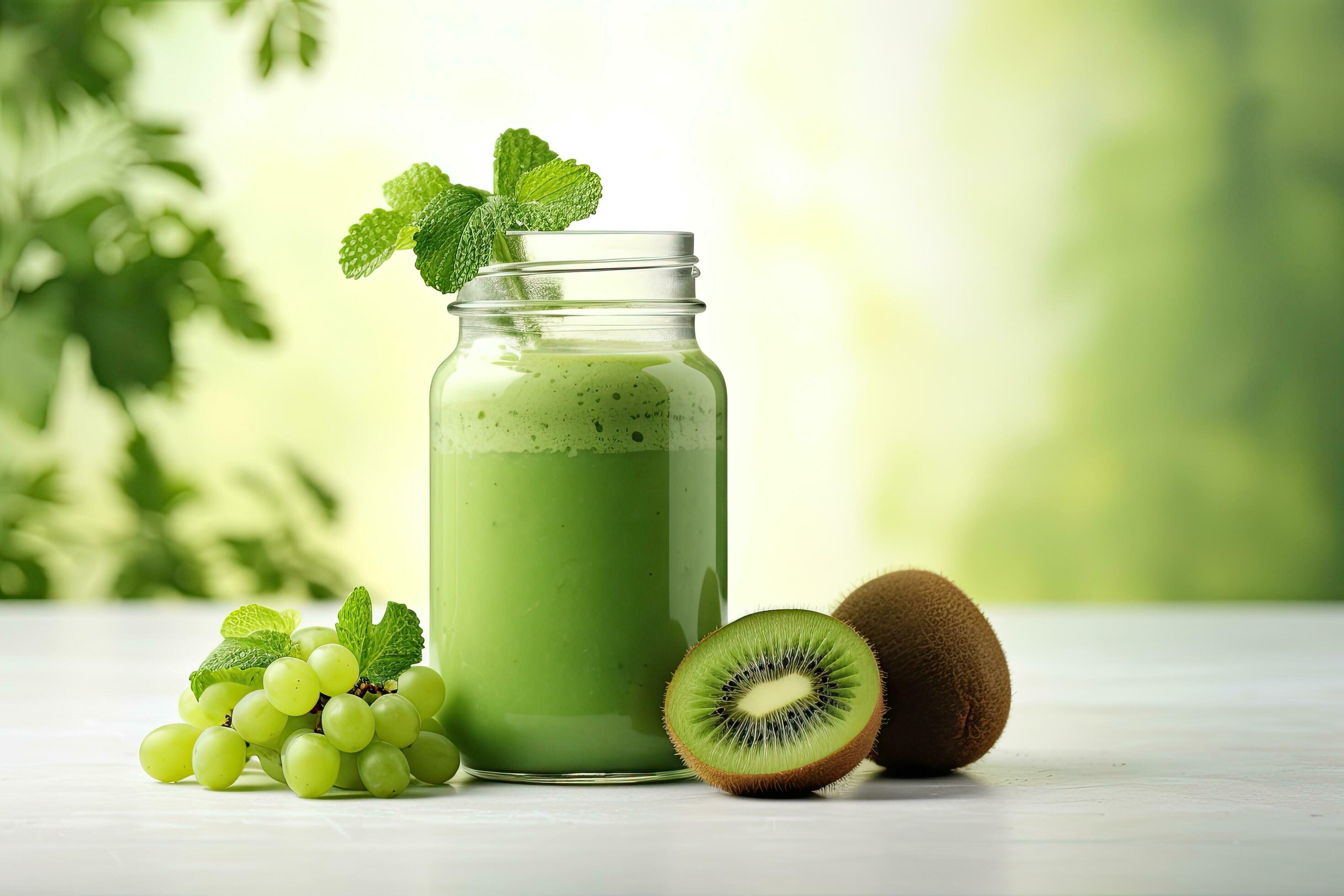 Glass Jar With Tasty Kiwi Smoothie On Wooden Table Outdoors Glass Jar