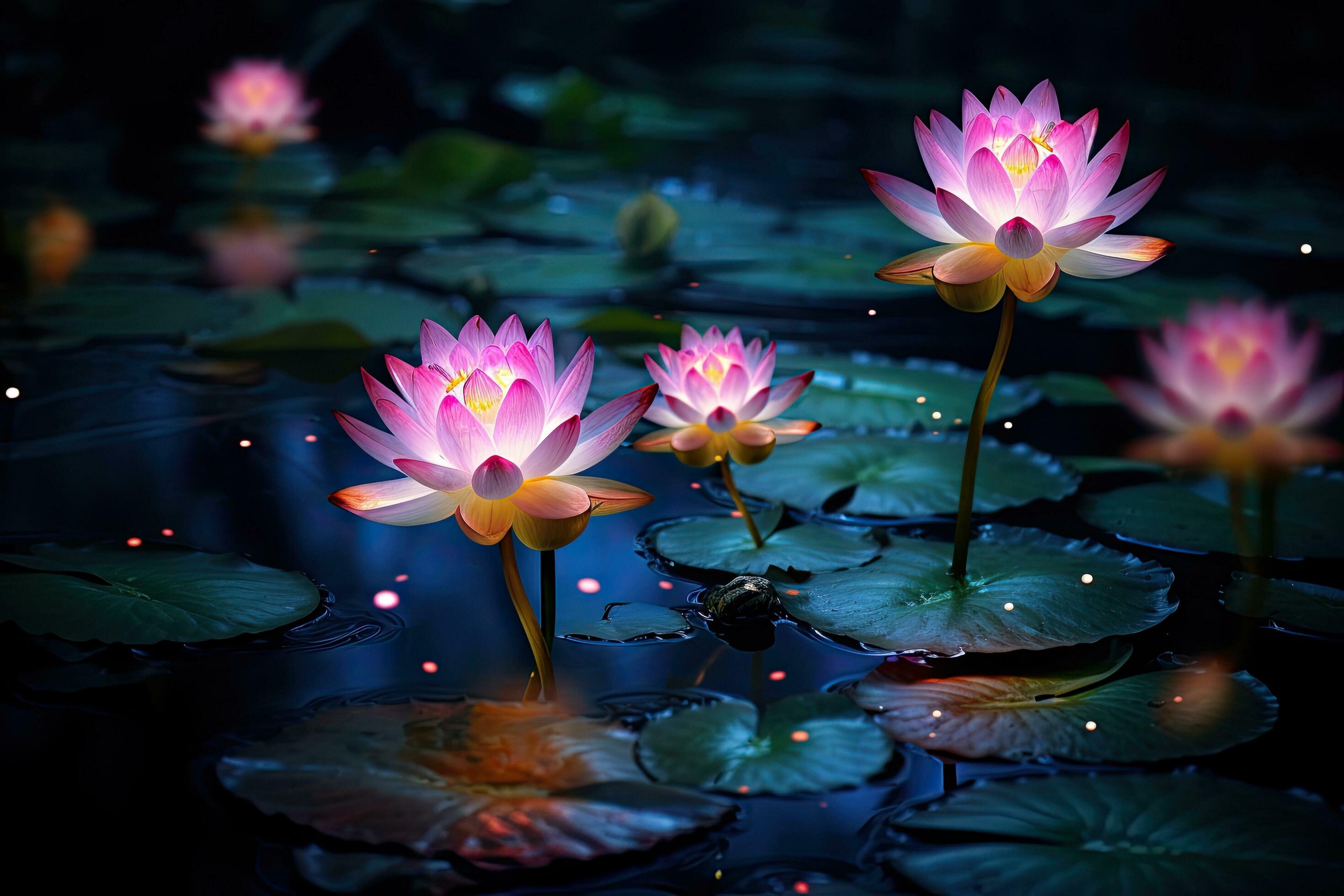 Beautiful lotus flower blooming in the pond at night, glowing lotus ... Beautiful lotus flower blooming in the pond at night, glowing lotus ...
