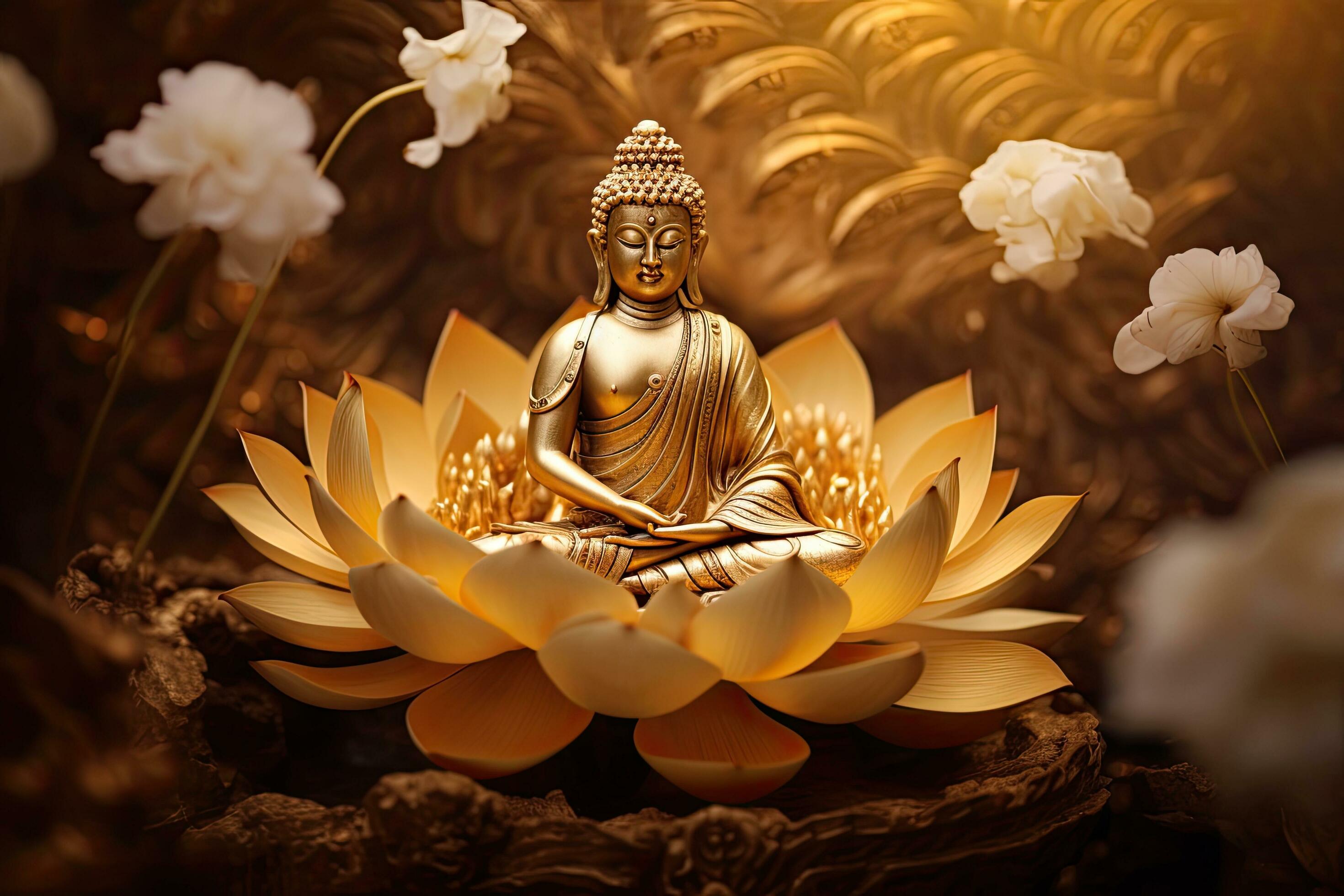 Buddha statue and lotus flower on the wooden background, Golden buddha in a golden lotus flower ...
