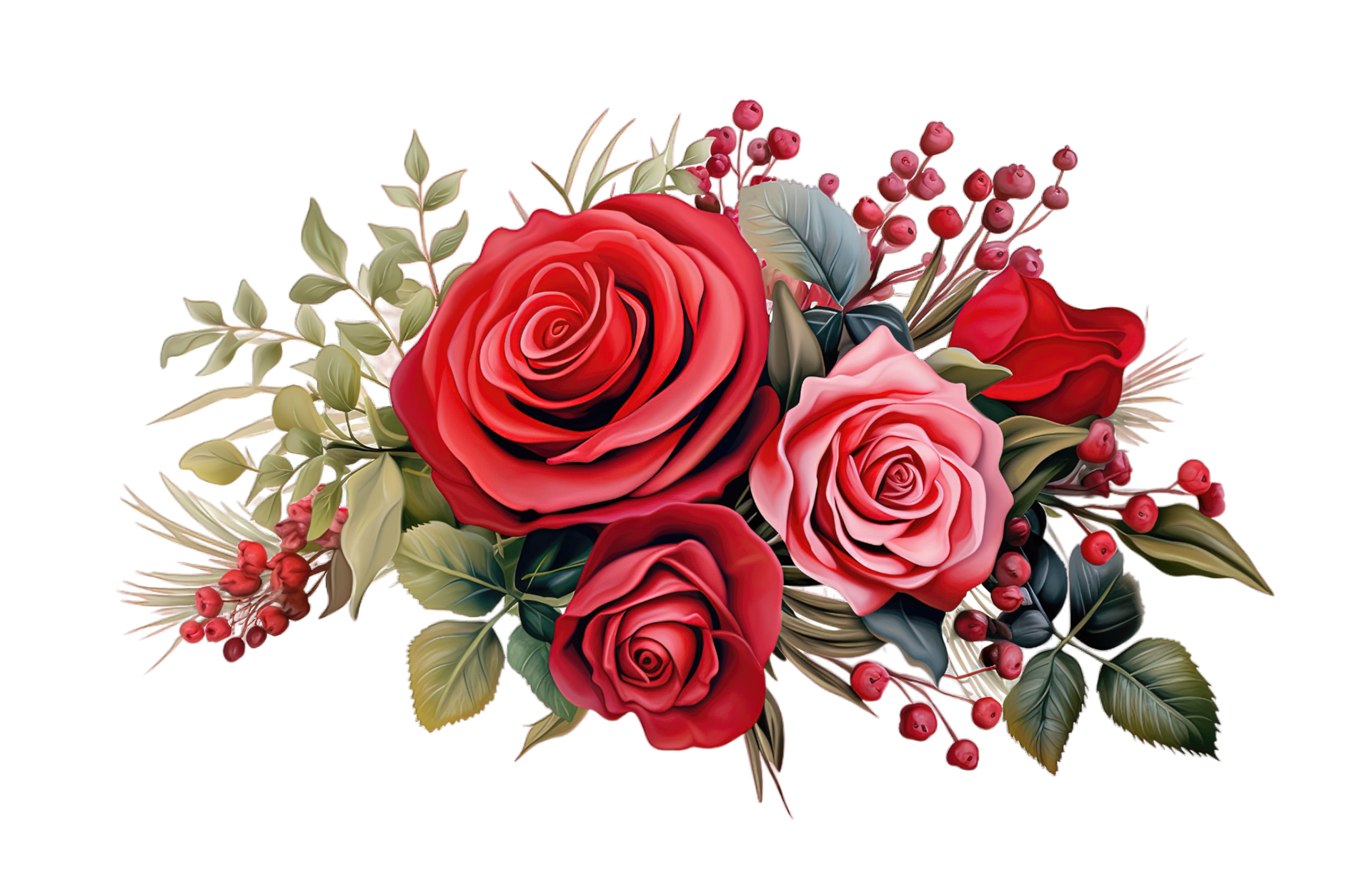 Red Roses Bouquet Of Garden Flowers Floral Arrangement Isolated On