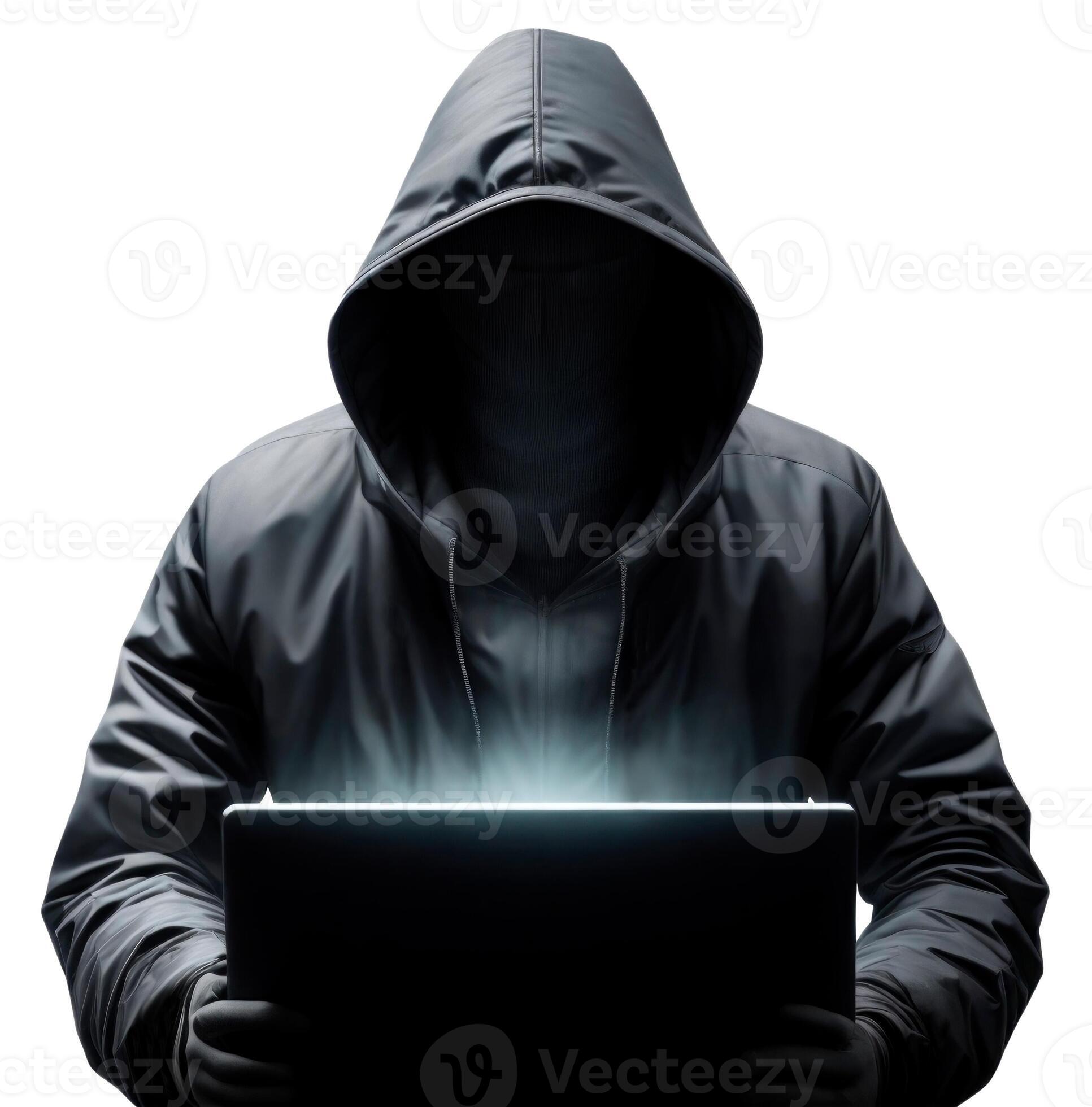 Hacker with laptop hacking computer system isolated on white background ...