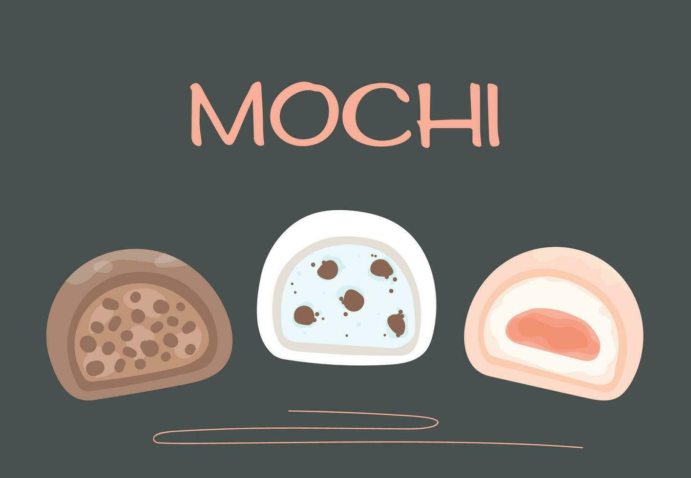 Traditional japanese daifuku Mochi. Asian sweet food. Rice fruit dessert. Hand drawn flat vector ...