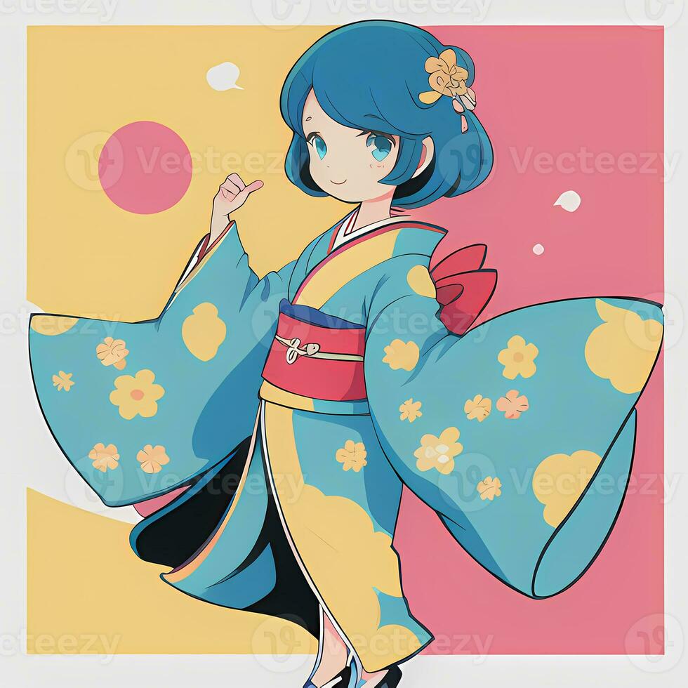 Cute Kawaii Chibi Anime Girl Sticker Cute Japanese Yukata Kimono Simple Colorful Background