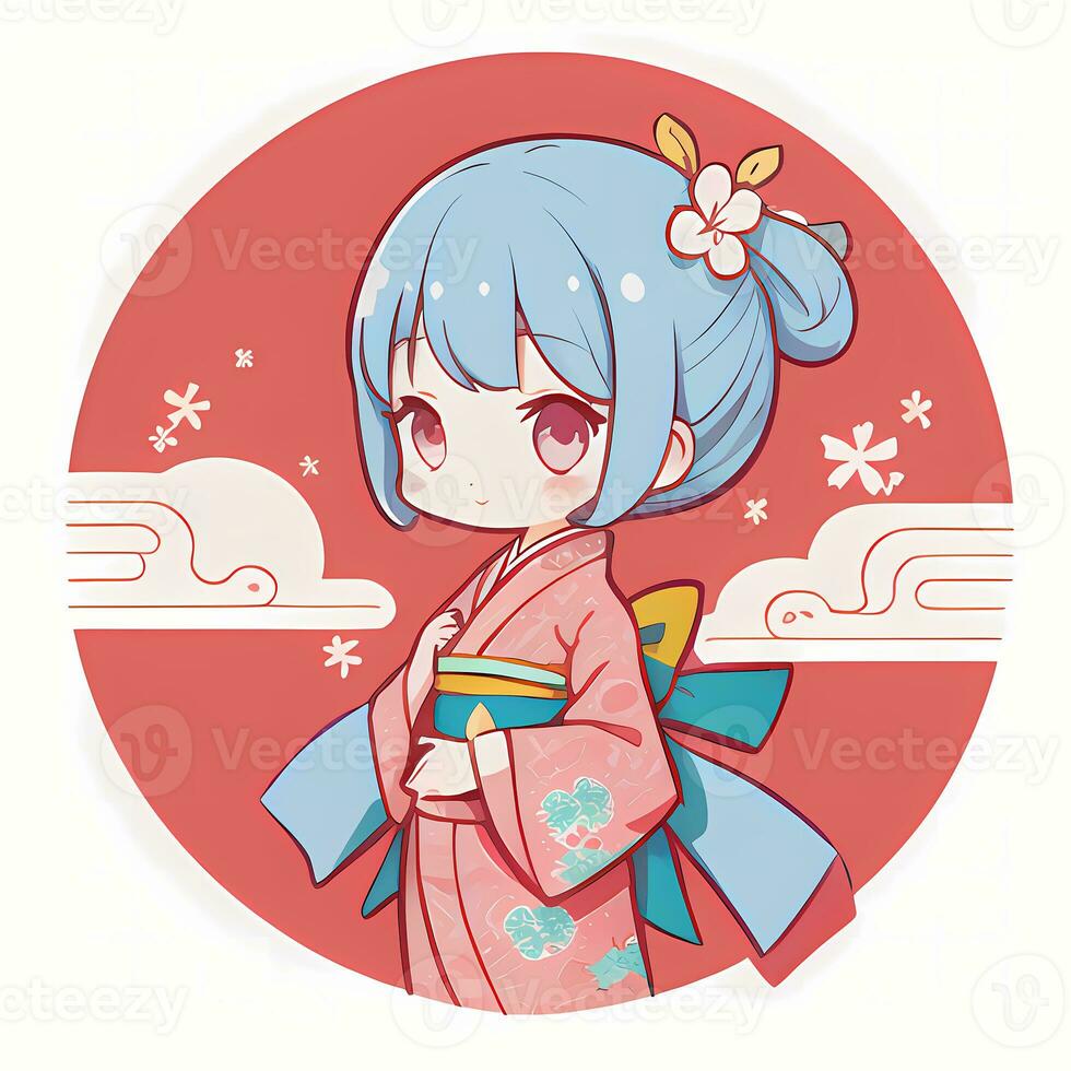 Cute Kawaii Chibi Anime Girl Sticker Cute Japanese Yukata Kimono Simple Colorful Background