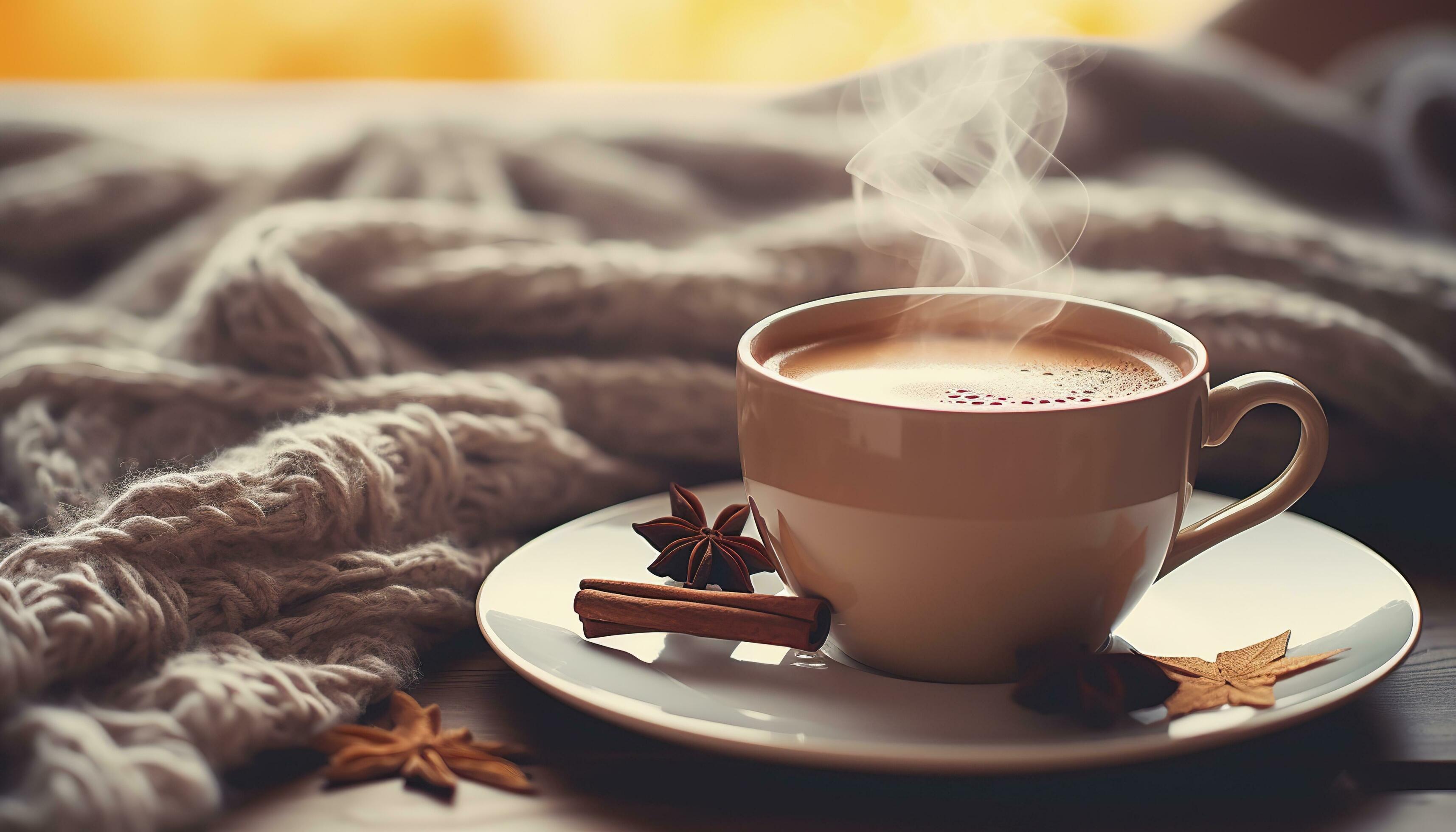Cup of Steaming Tea Coffee, Knitted Blanket, and Cinnamon Anise ...